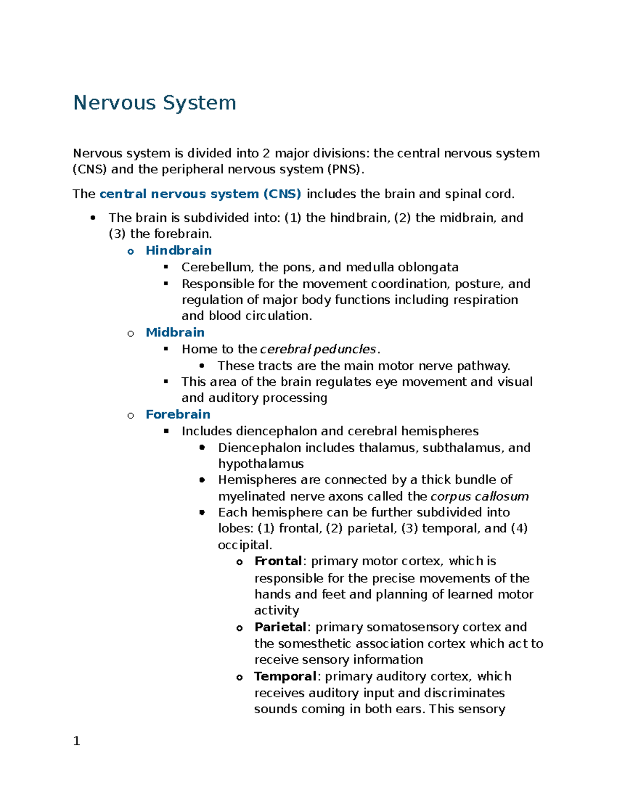 Module 6 Notes: Overview of the Nervous System and Related Disorders ...