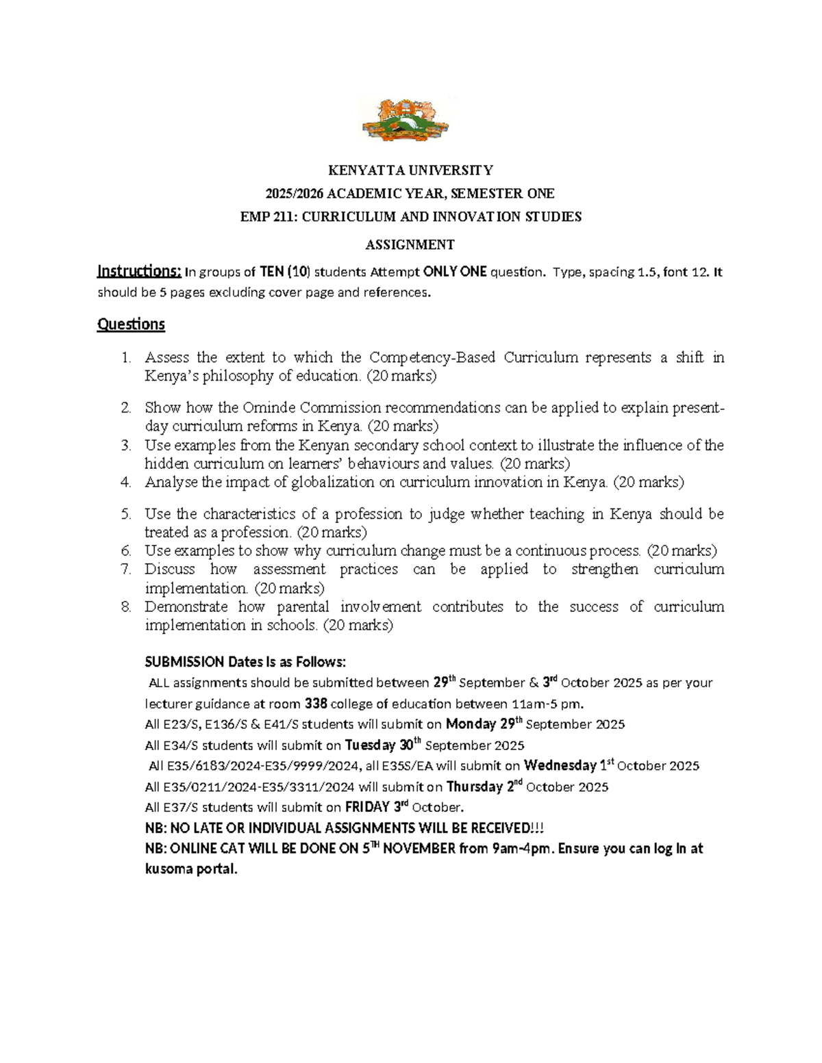 EMP 211: Curriculum & Innovation Studies Assignment Guidelines 2025 - Studocu