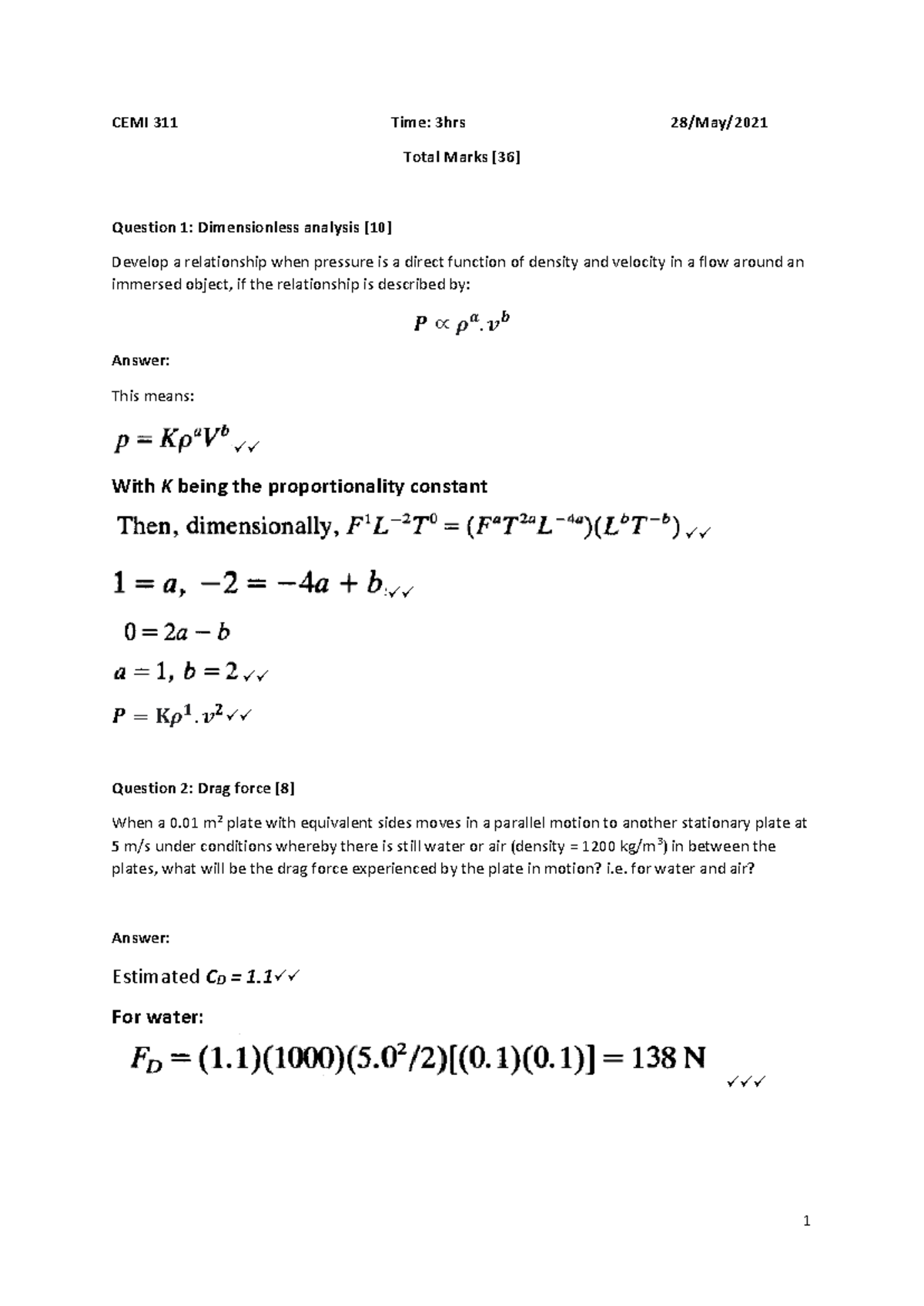 CEMI 311 Test 2 Memo: Dimensionless Analysis & Drag Force - Studocu