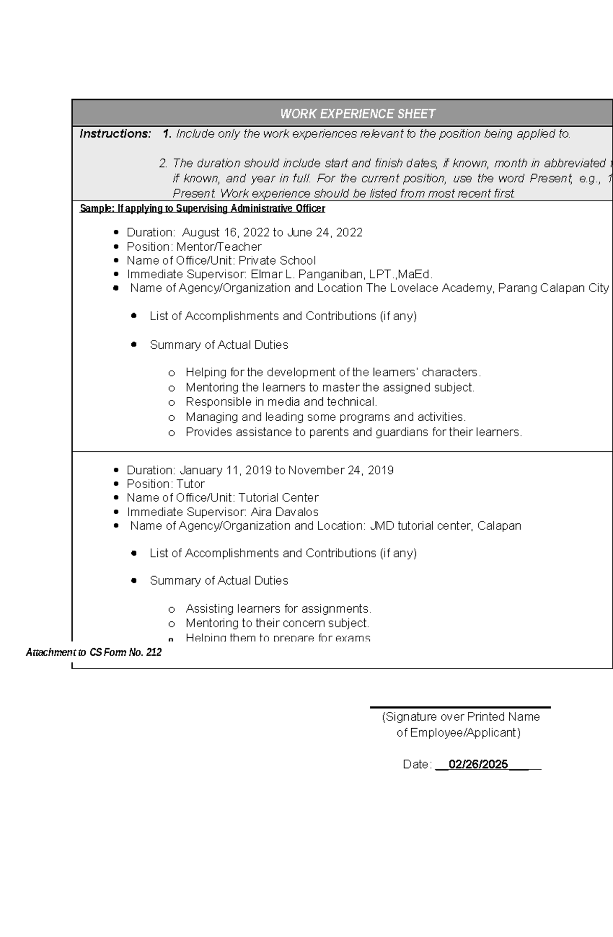 CS Form No. 212 Attachment - Work Experience Sheet - WORK EXPERIENCE SHEET Instructions: 1 ...