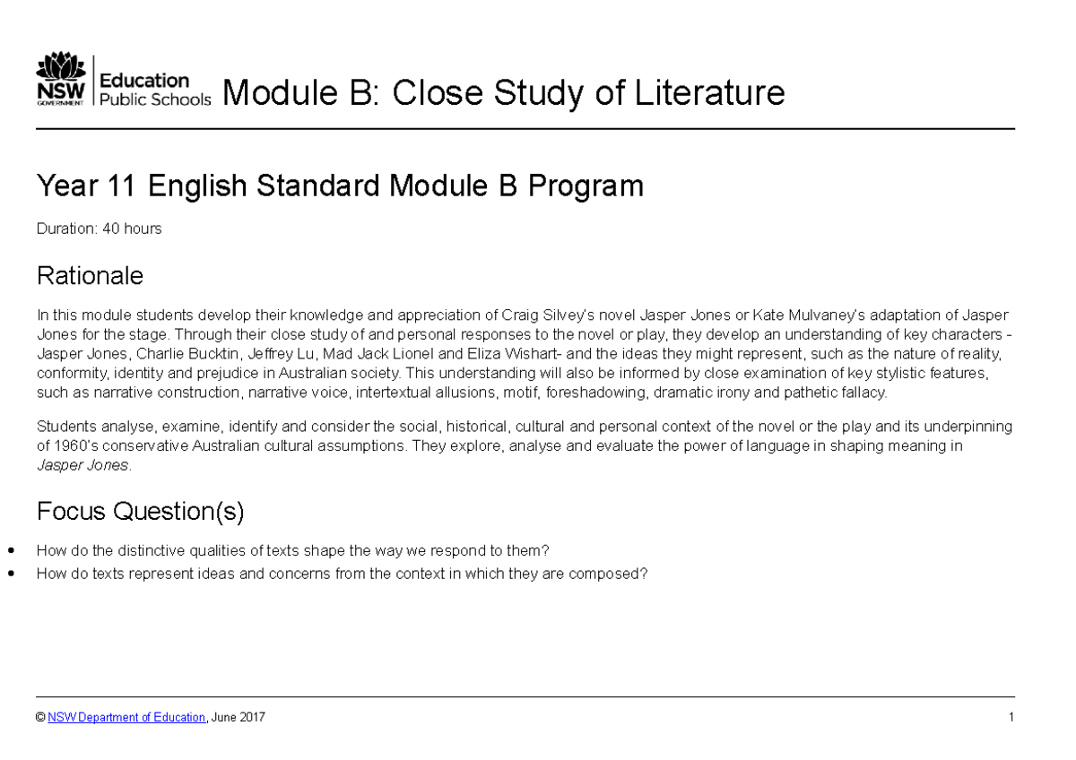 EN11 Module B: Close Study of Jasper Jones Literature Insights - Studocu