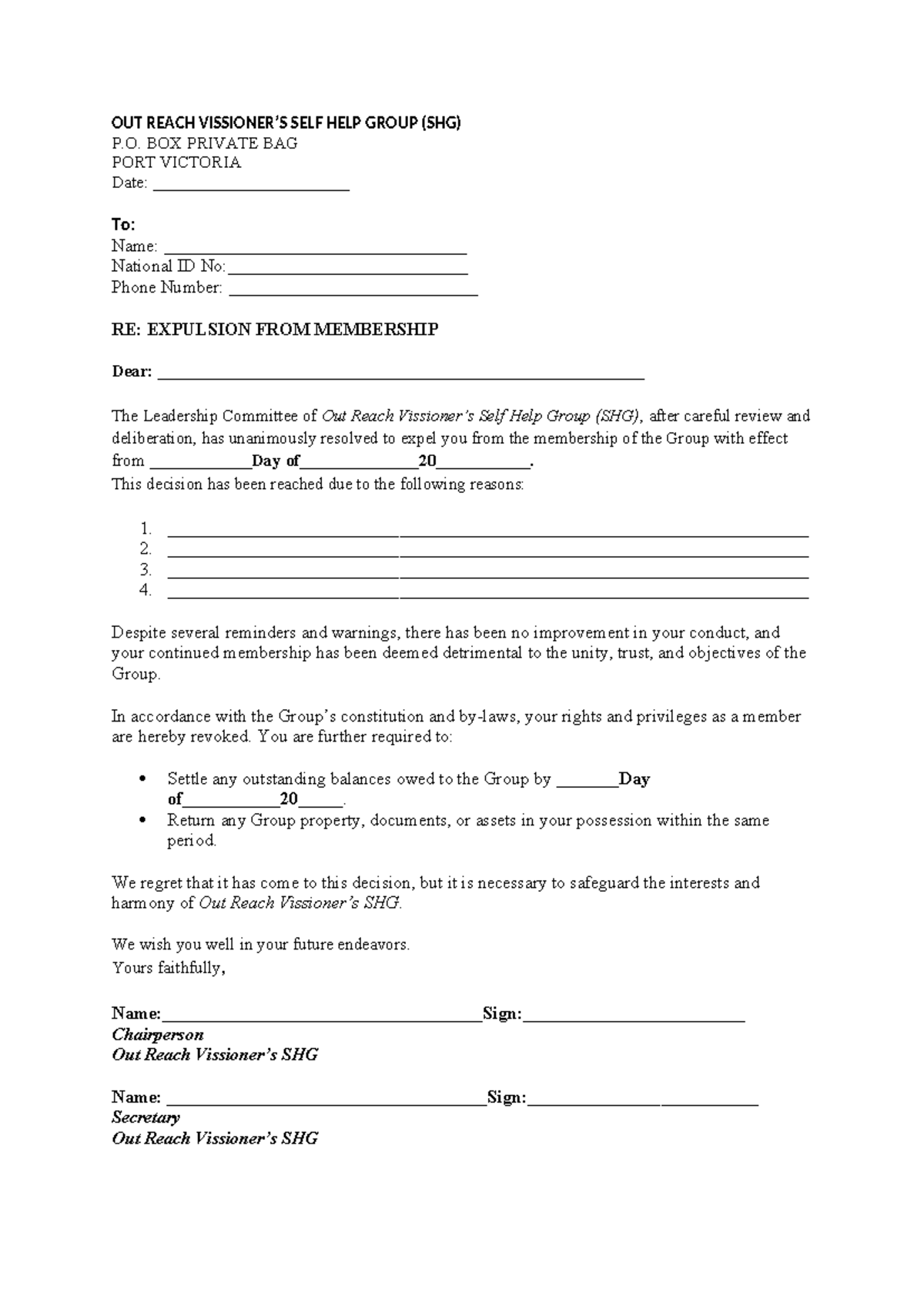 OUT REACH SHG Membership Expulsion Notice - Studocu