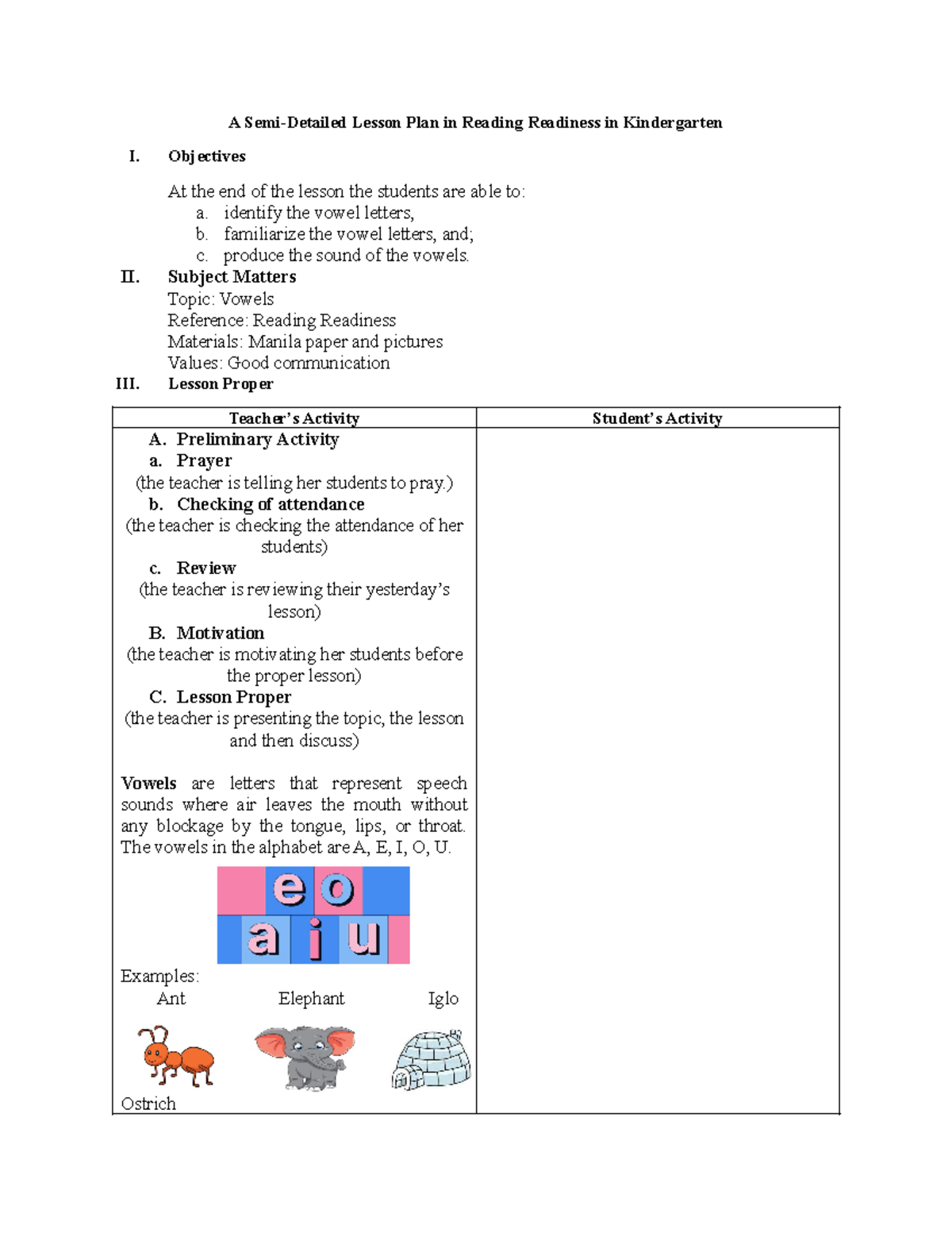 ENG-1 Semi-Detailed Lesson Plan on Vowel Recognition in KG - Studocu