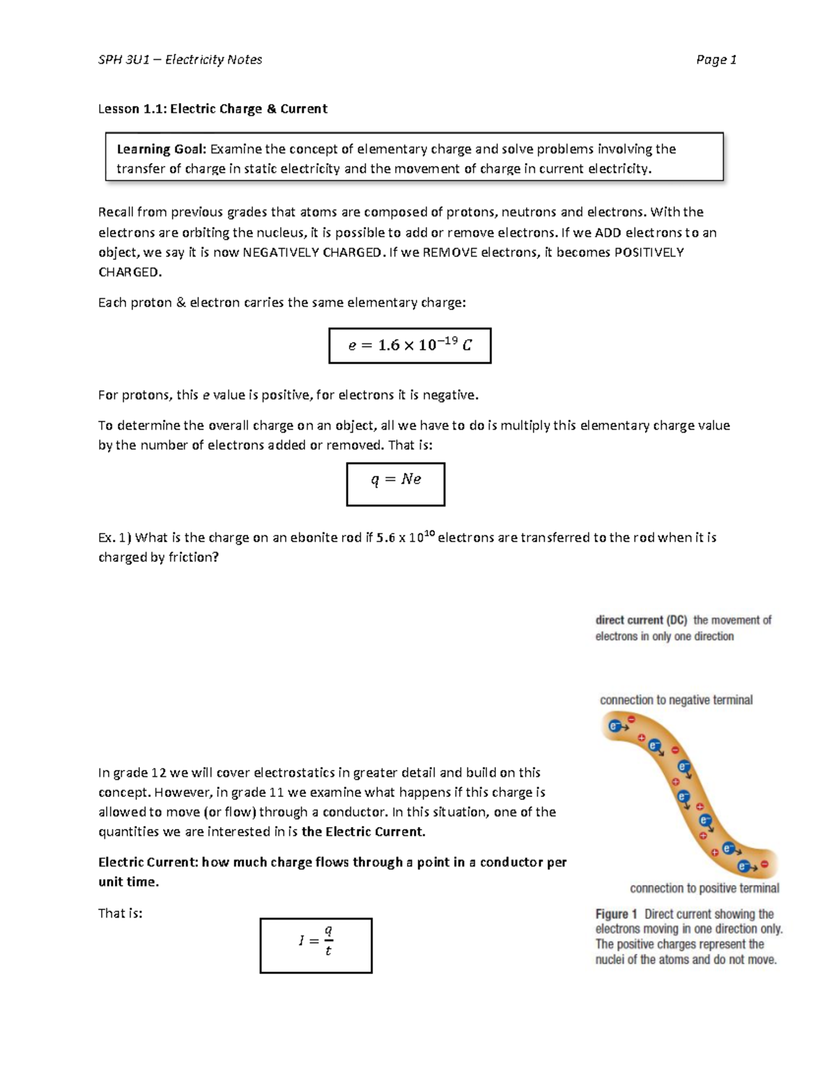 SPH 3U1 Electricity Notes: Understanding Charge, Current, and Circuits ...