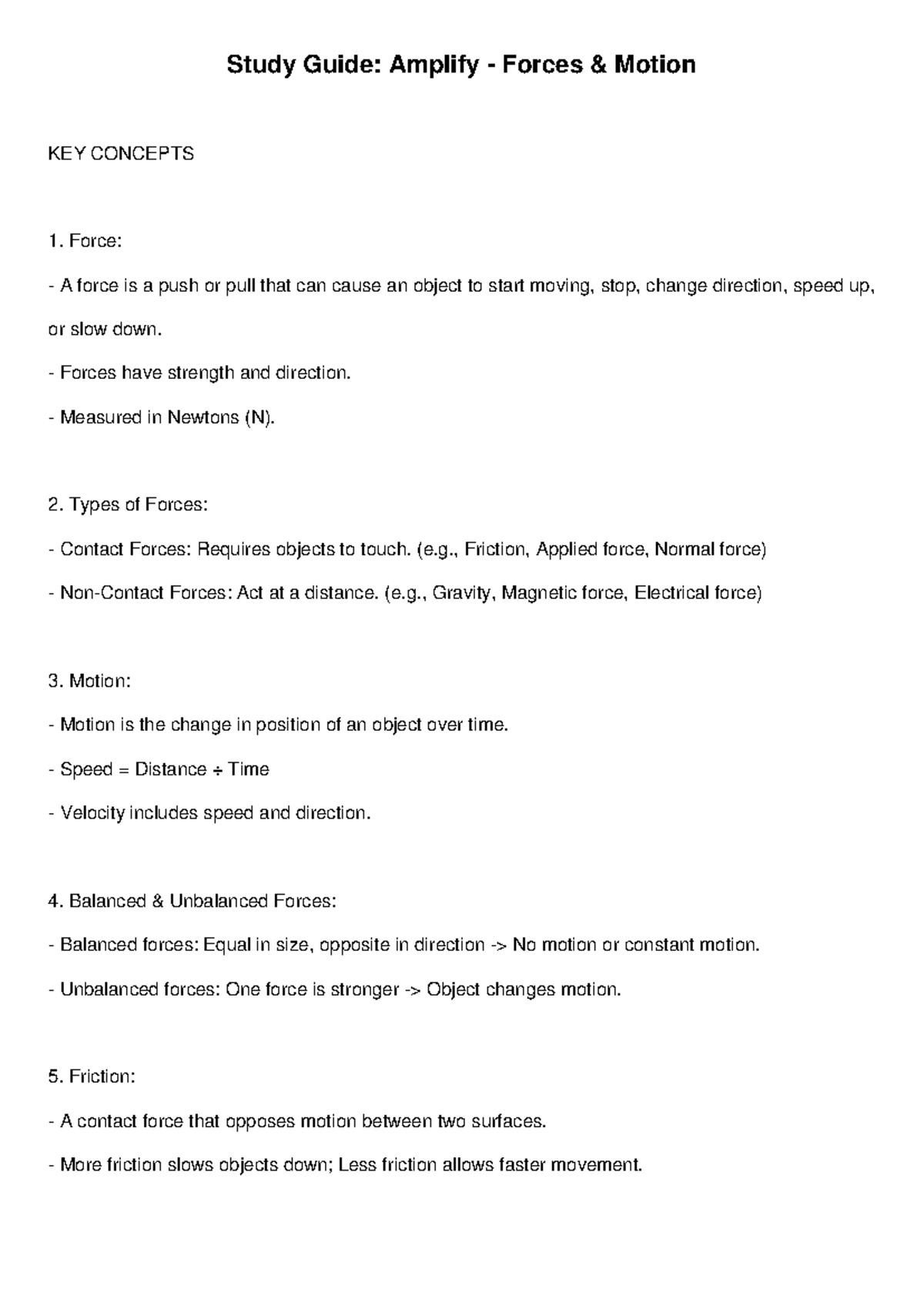 Study Guide: Physics - Forces & Motion Concepts (e.g., Newton's Laws ...