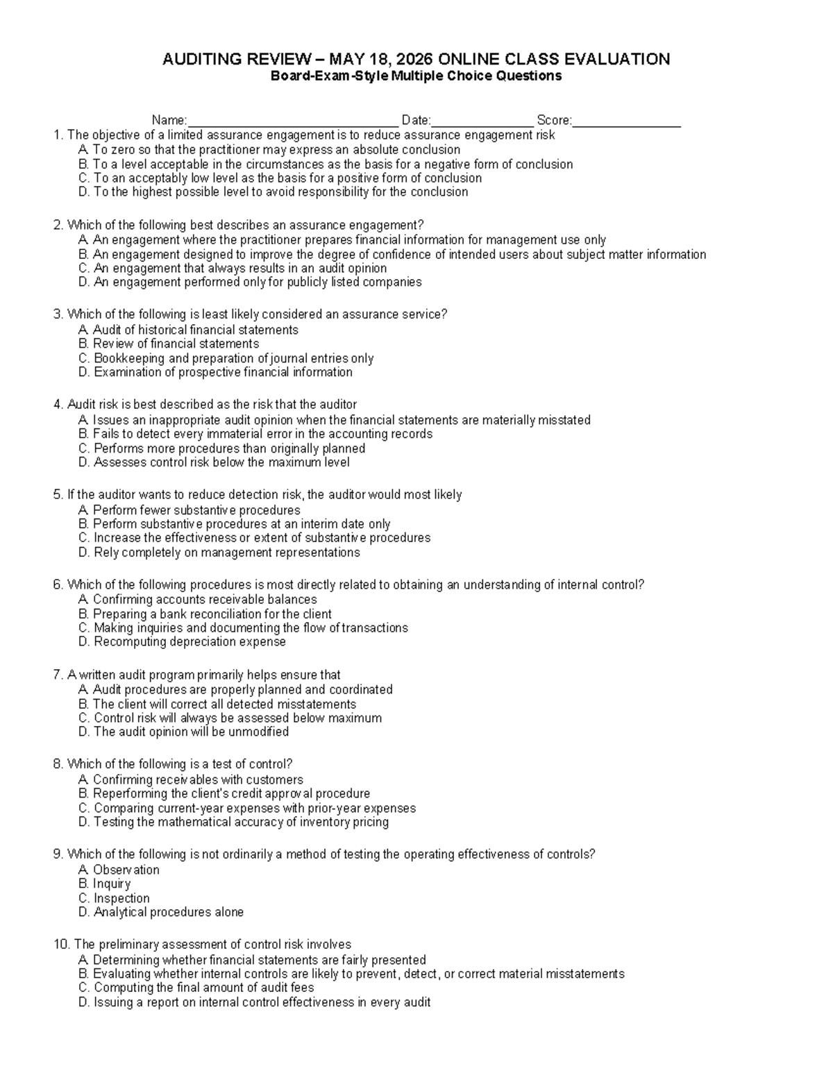 AUDITING THEORY EVALUATION MCQs - MAY 18, 2026 - Studocu