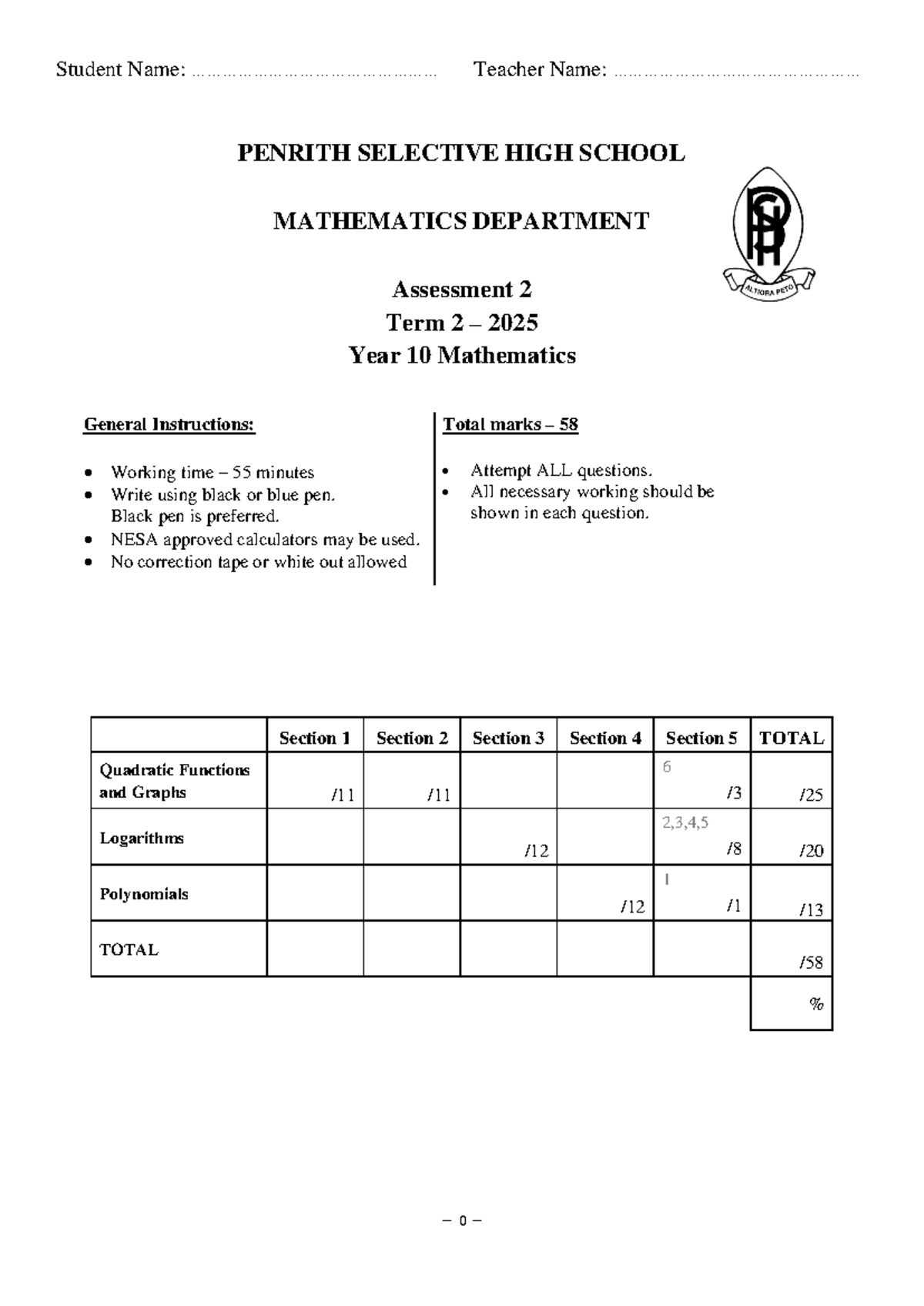 2025 Year 10 Mathematics Assessment 2: Quadratics, Polynomials & Logs ...