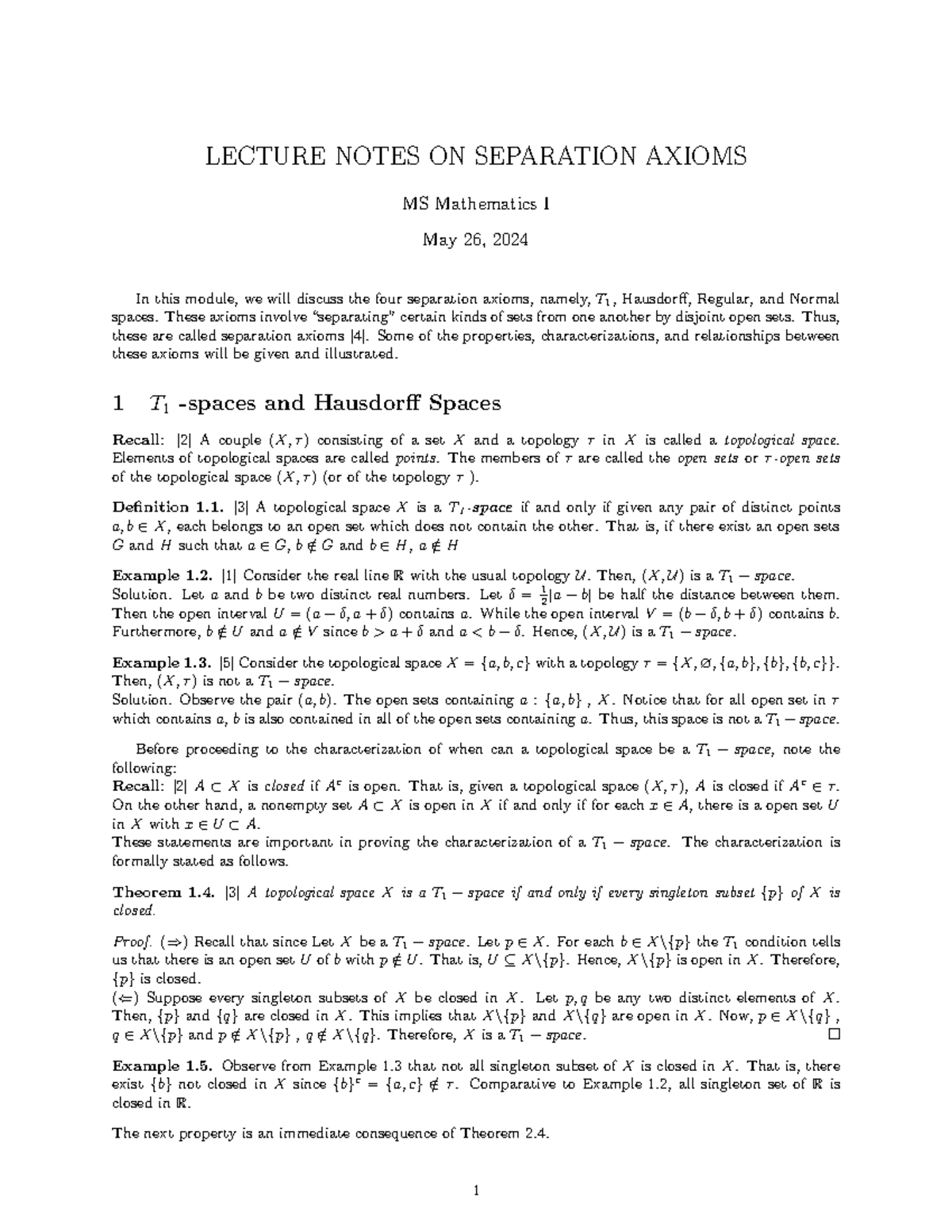 Lecture Notes- Example - LECTURE NOTES ON SEPARATION AXIOMS MS ...