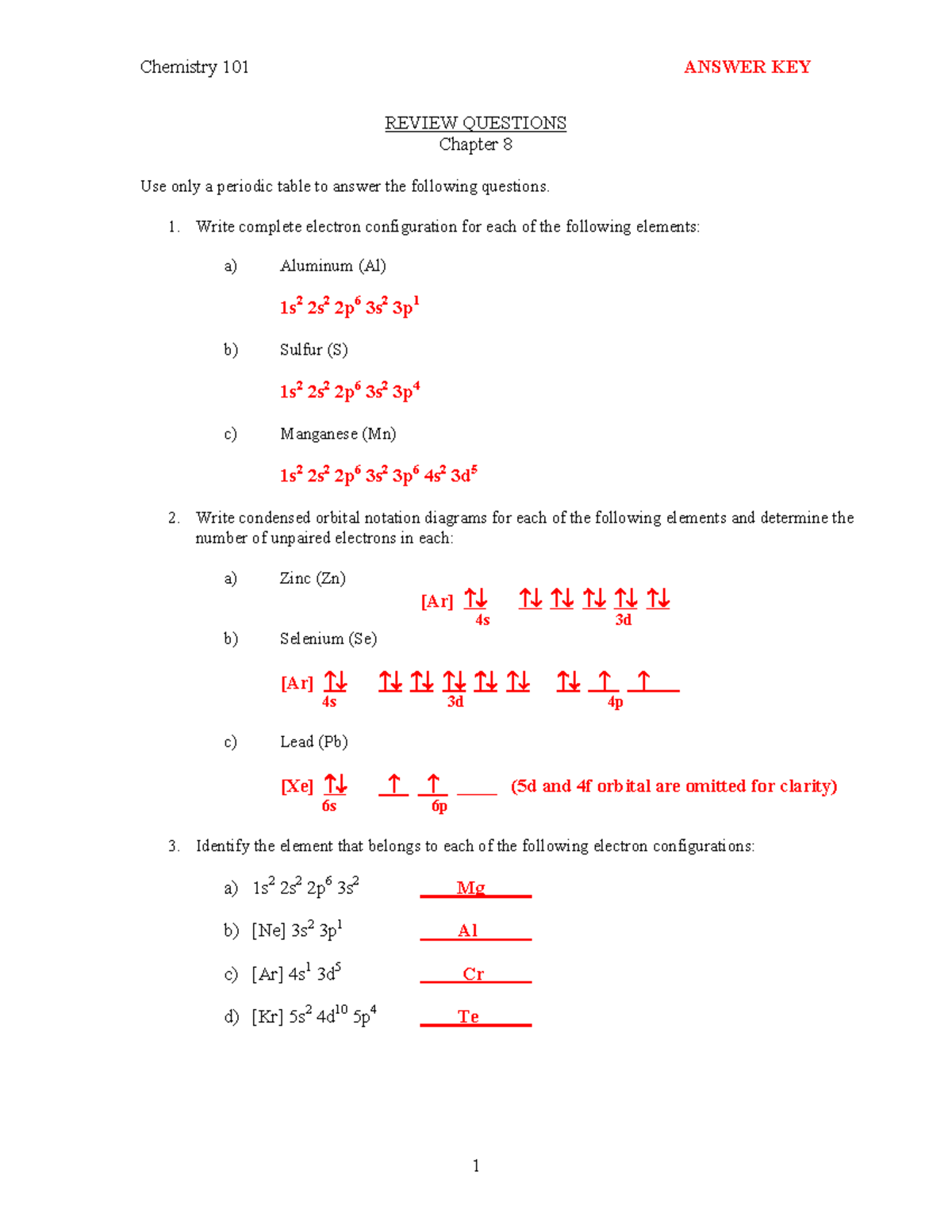 CHE 101 Chapter 8 Review Questions Answer Key - Studocu
