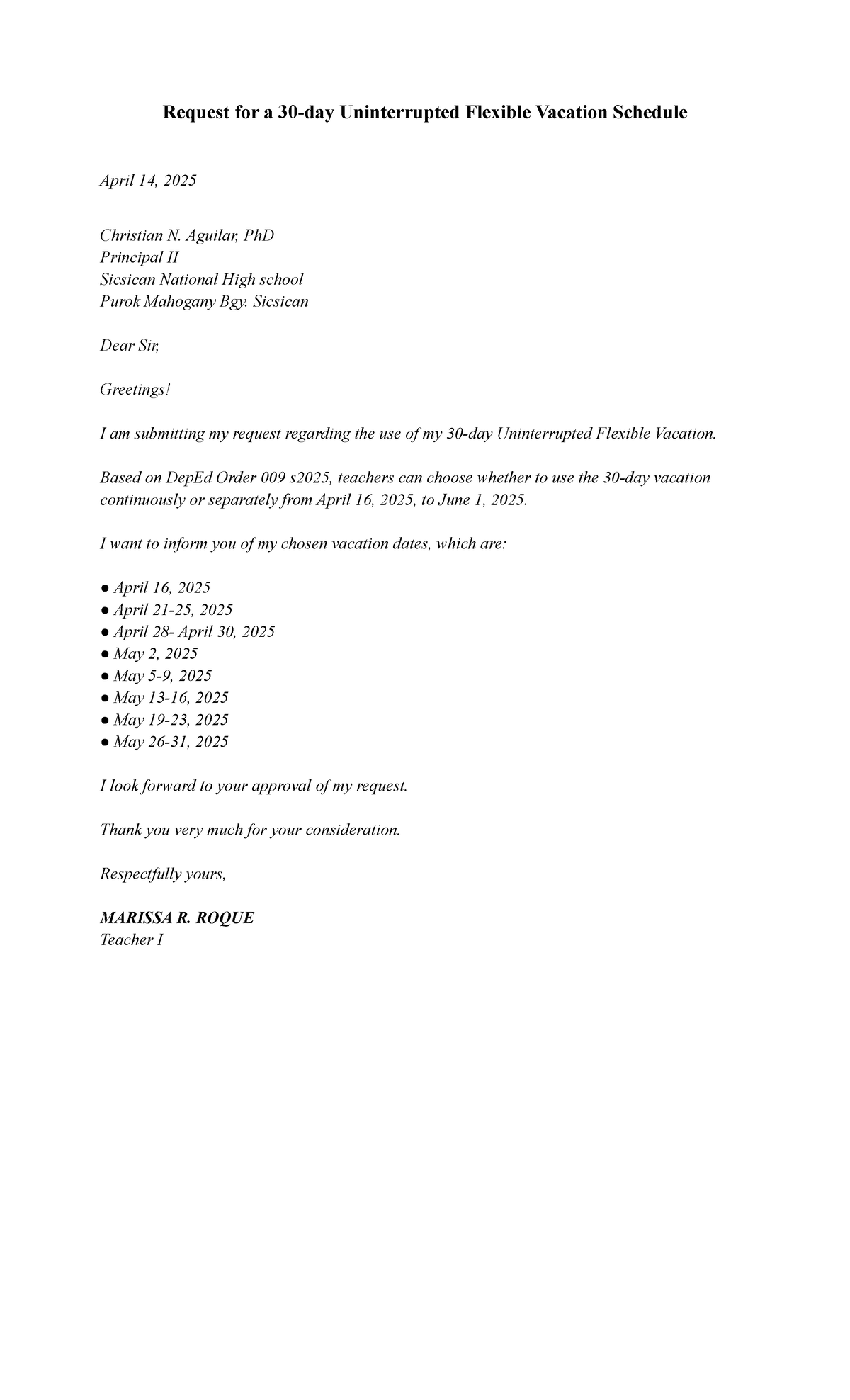Request for Uninterrupted Flexible Vacation Schedule (DepEd Order 009 s2025) - Studocu