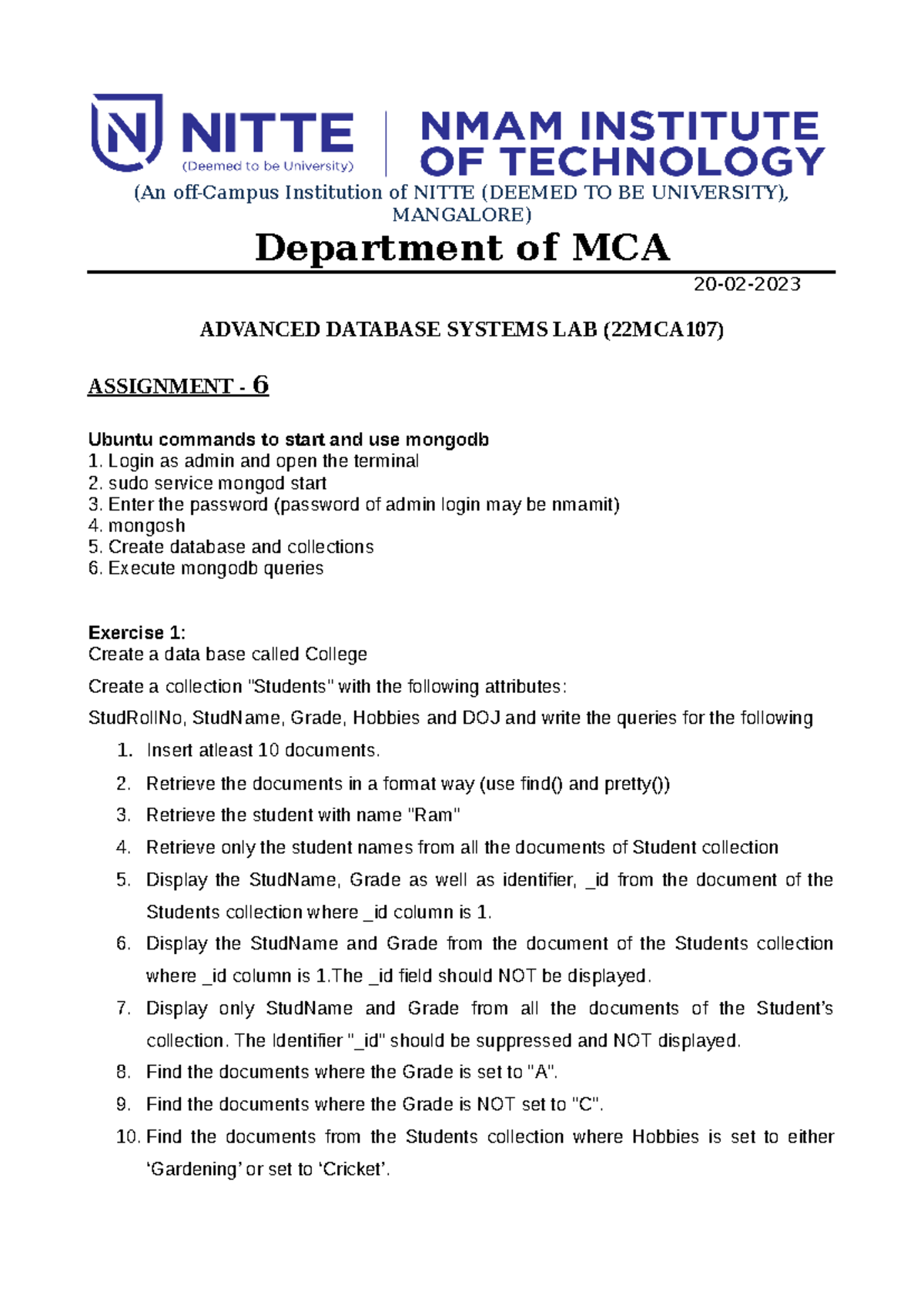 Advanced Database Systems Lab Assignment - MongoDB (22MCA107) - Studocu