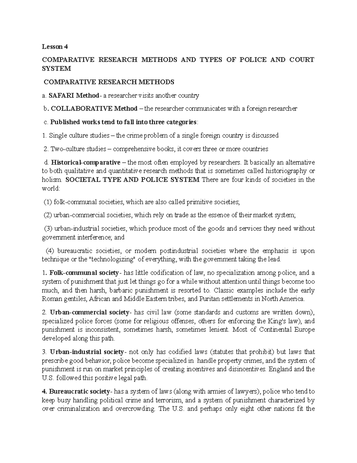 Lesson 4: Comparative Research Methods in Police & Court Systems - Studocu