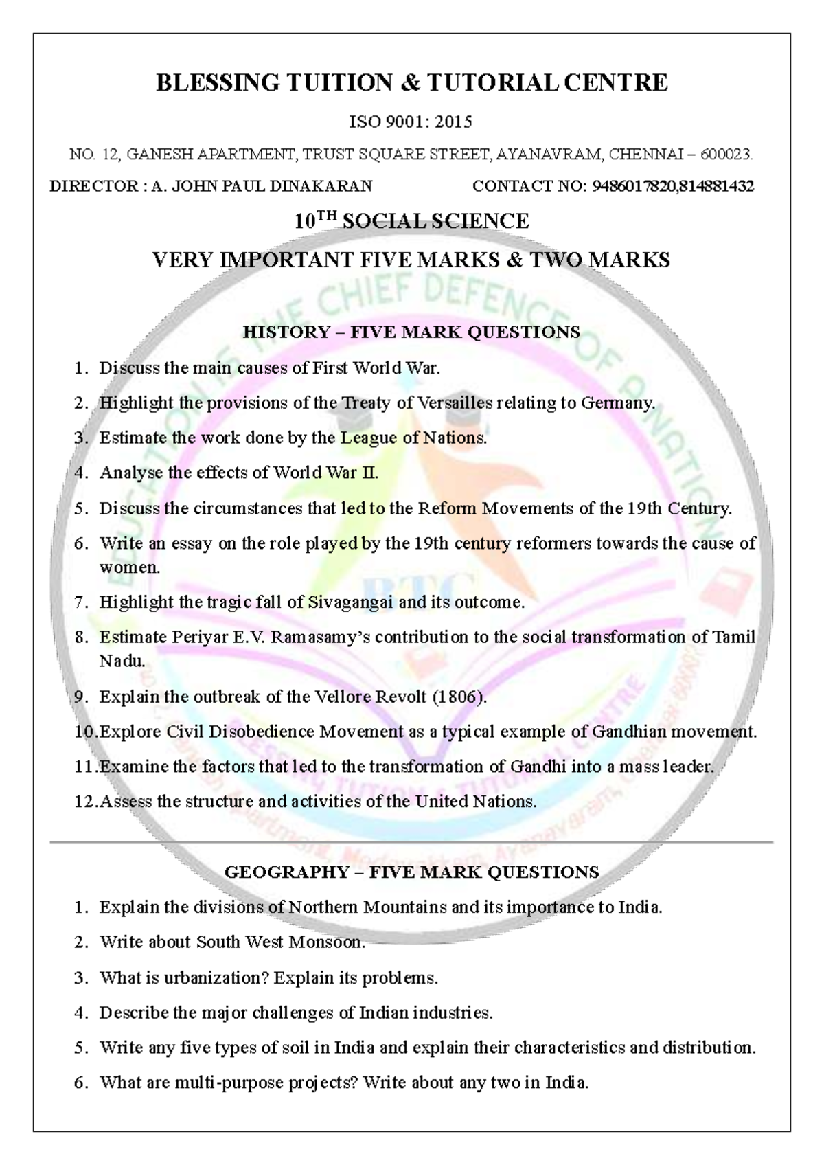 10TH SOCIAL SCIENCE IMPORTANT QUESTIONS FOR 2026 EXAM (65 MARKS) - Studocu
