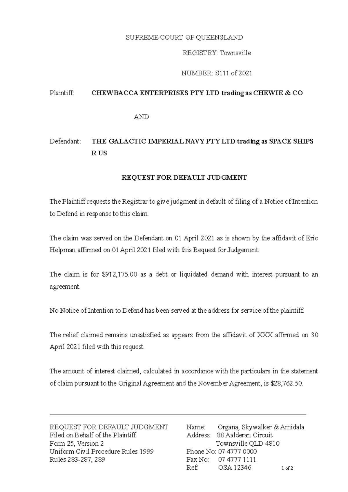 Form 25: Request for Default Judgment - Chewbacca Ent. v. Galactic Navy ...