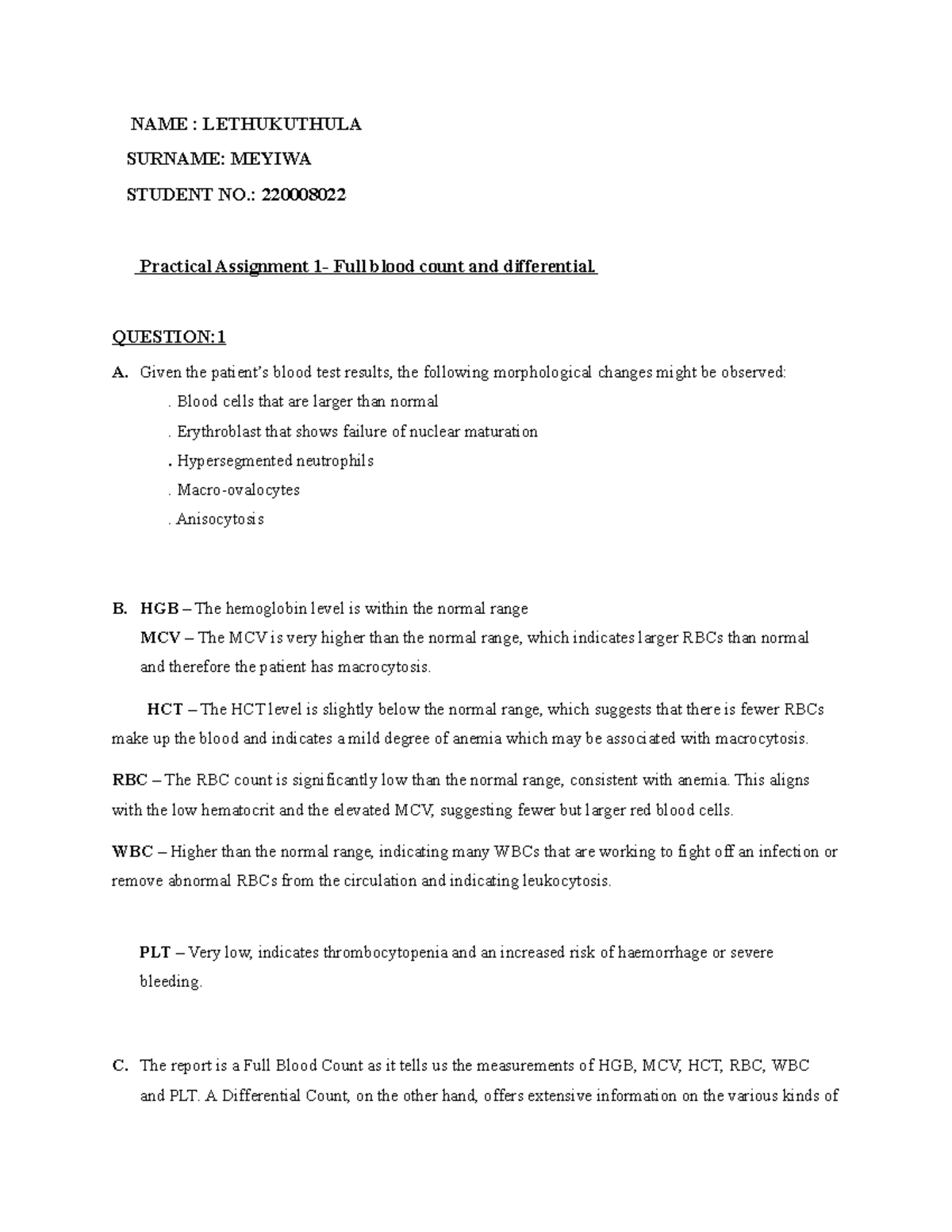 Full Blood Count & Smear Analysis - Assignment for Course 220008022 ...