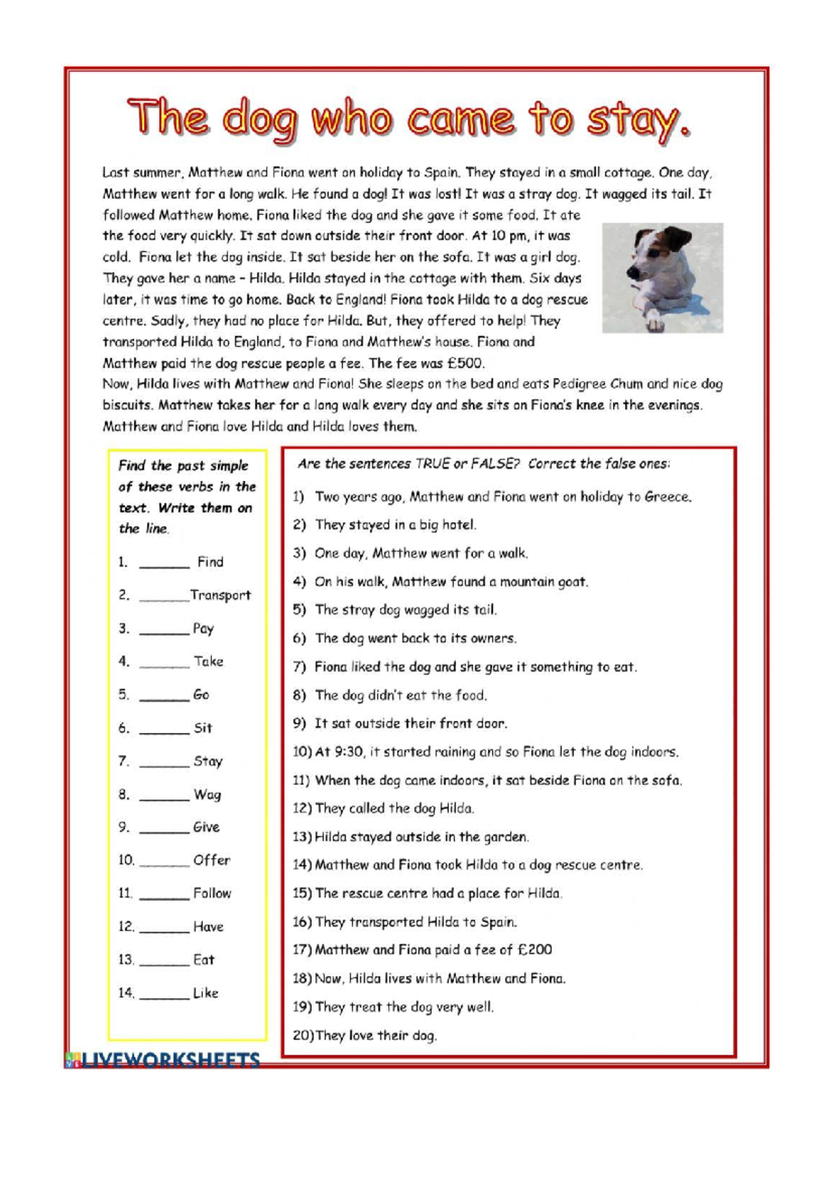 Worksheet 110592-2: The Story of Hilda the Dog - Past Simple Verbs ...