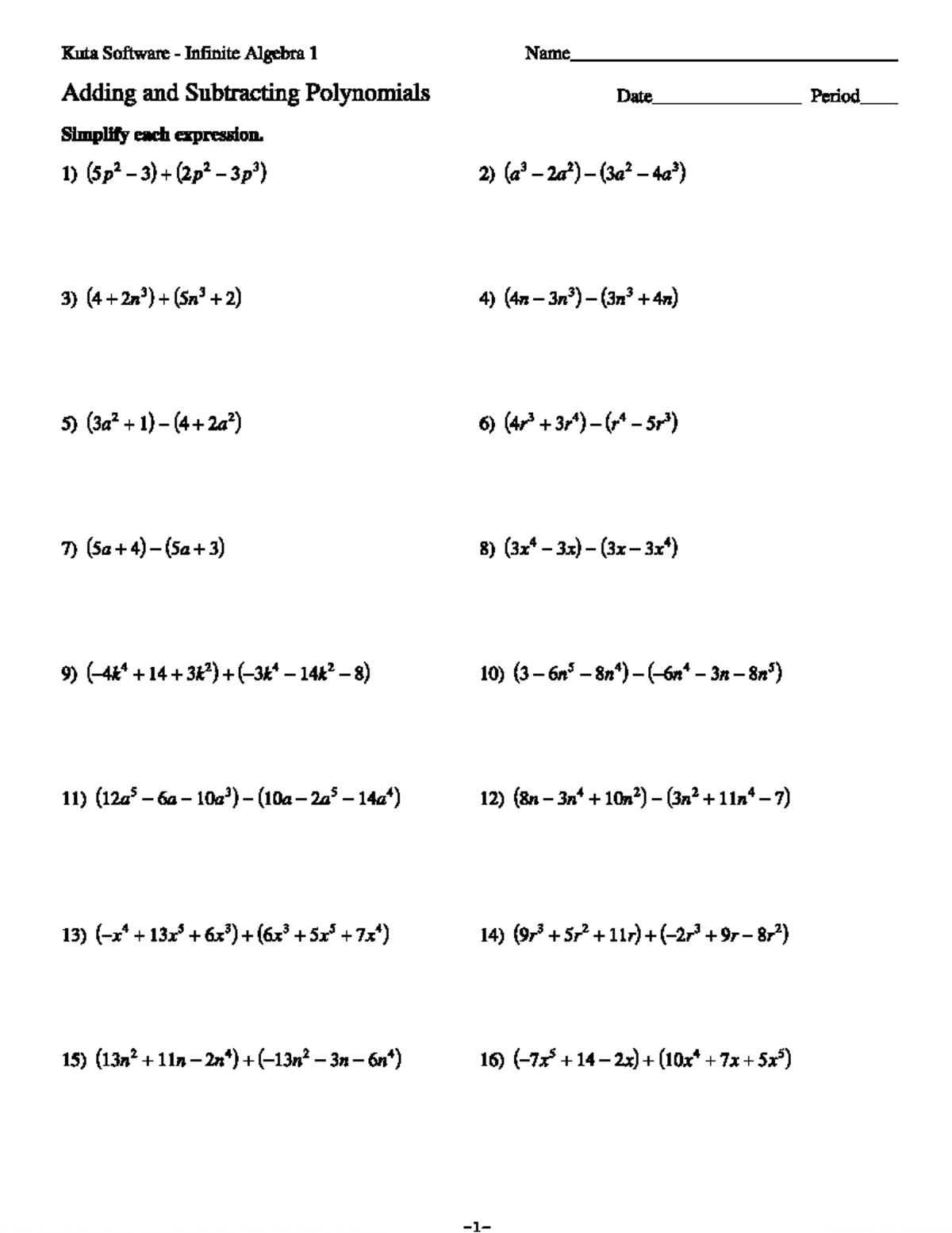 Algebra 1: Adding & Subtracting Polynomials (No Answers) - Studocu