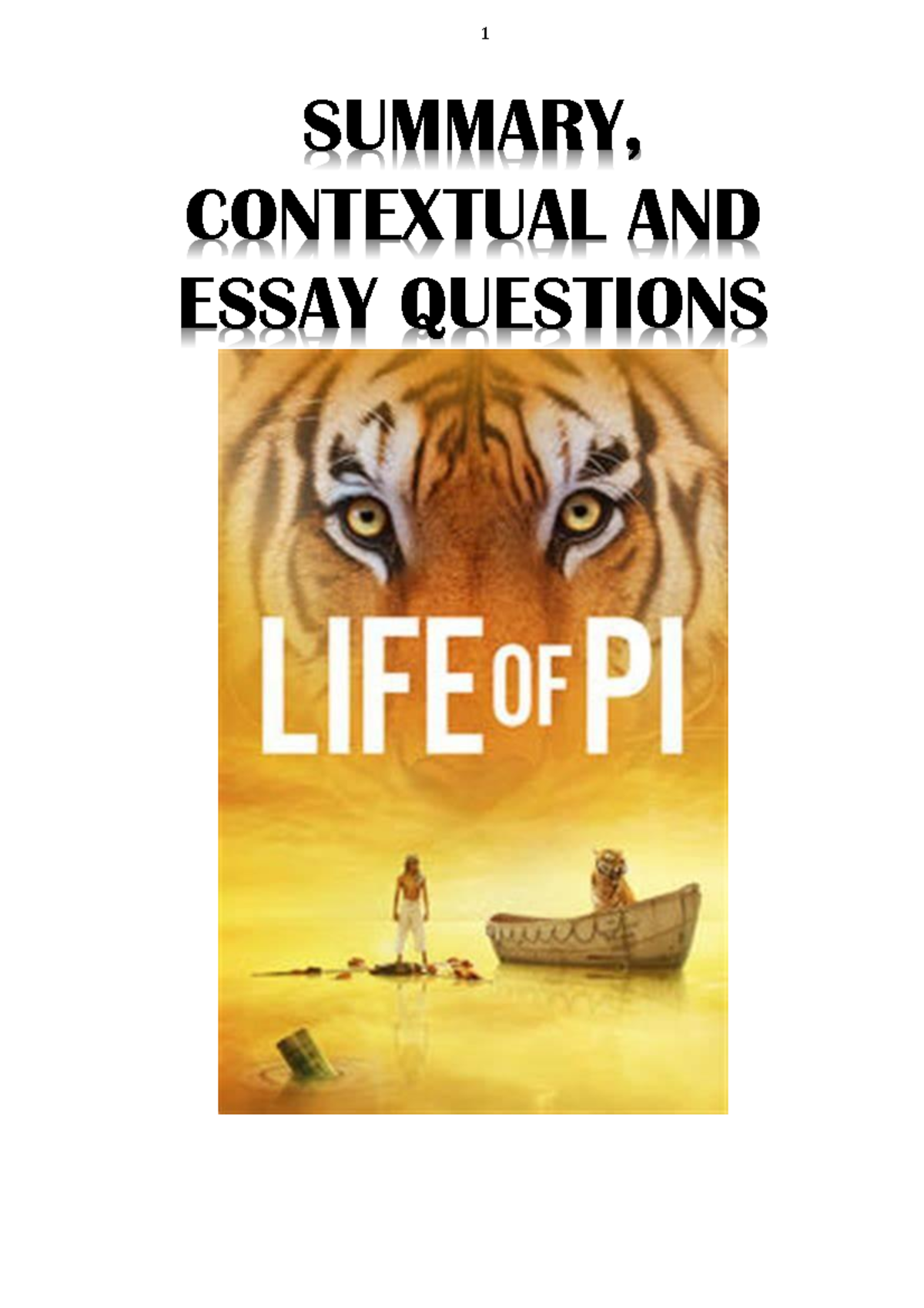 LIFE OF PI (ENG 101) Summary and Essay Questions Study Guide - Studocu