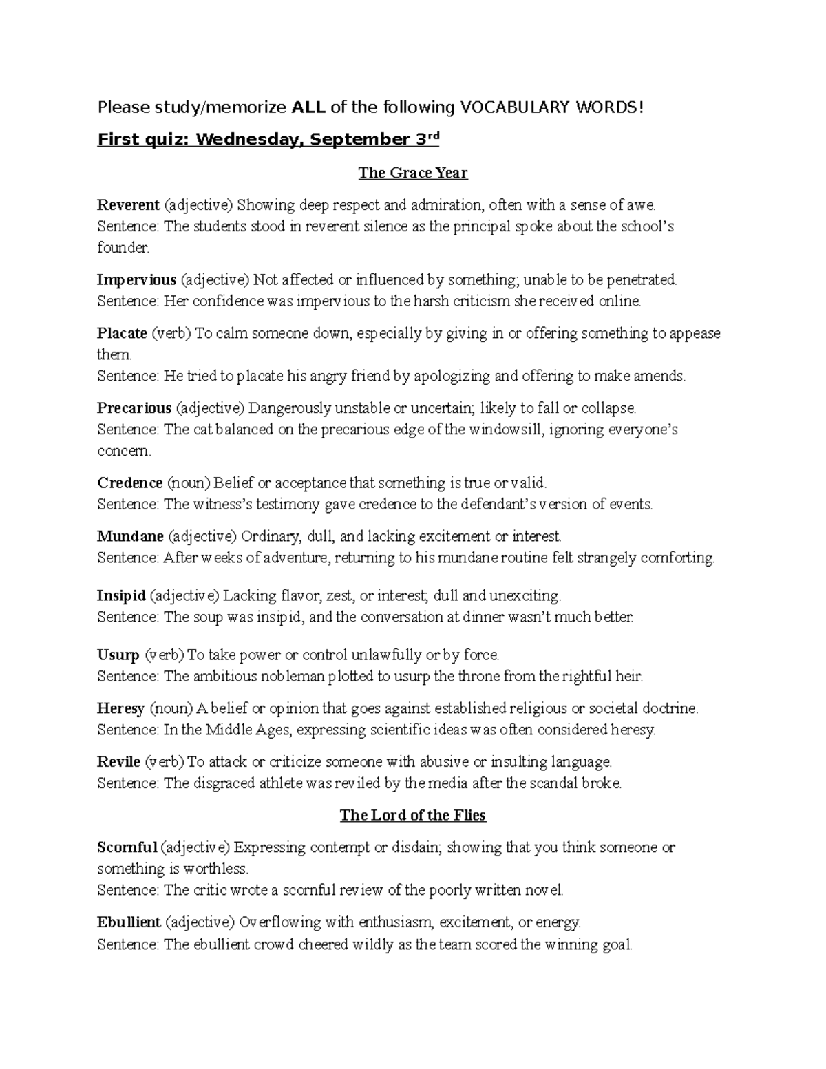 Vocabulary Study Guide: "The Grace Year" & "Lord of the Flies" Quiz ...