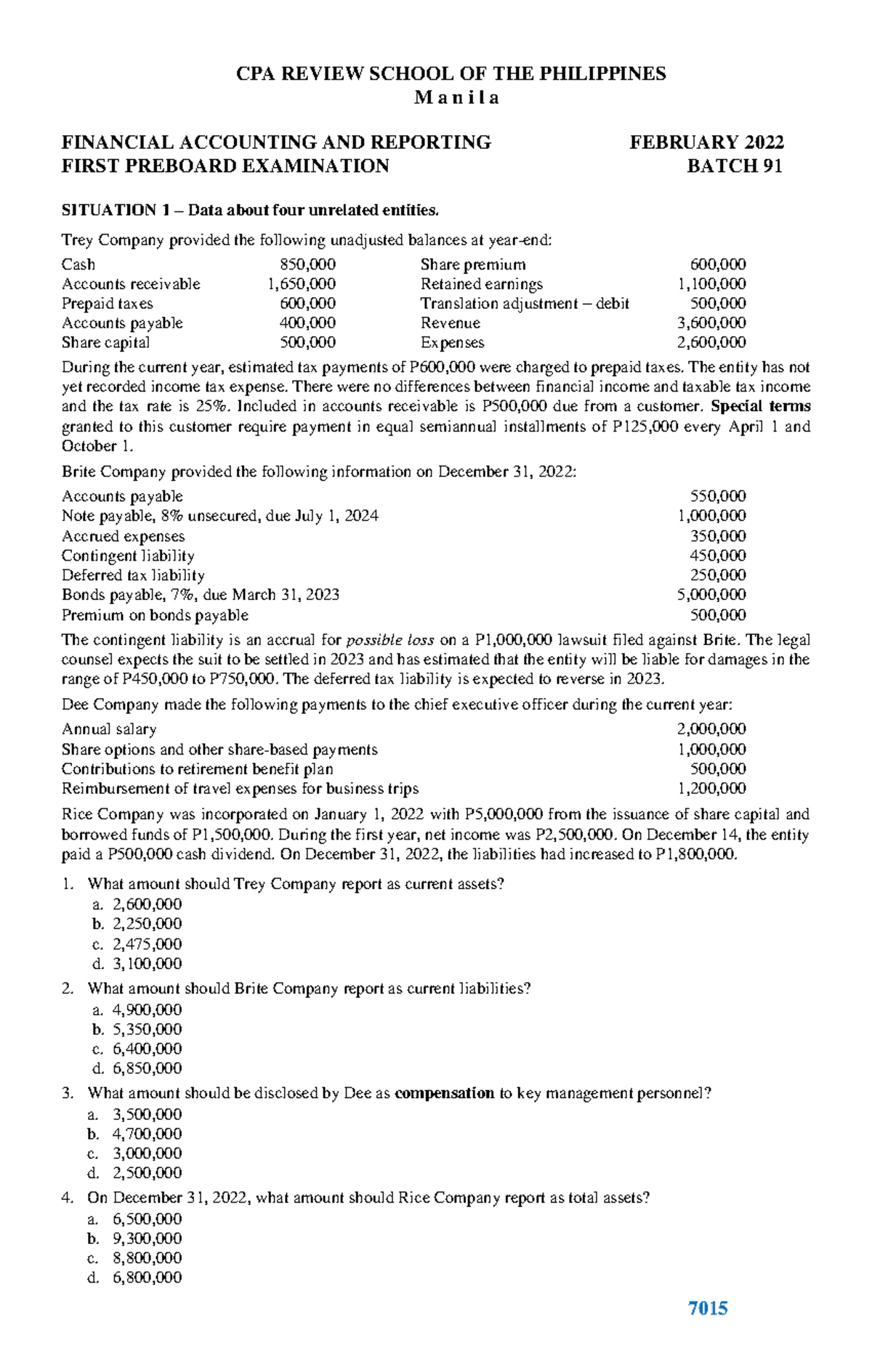 Batch 91 First Preboard Feb 2022 - CPA REVIEW SCHOOL OF THE PHILIPPINES ...