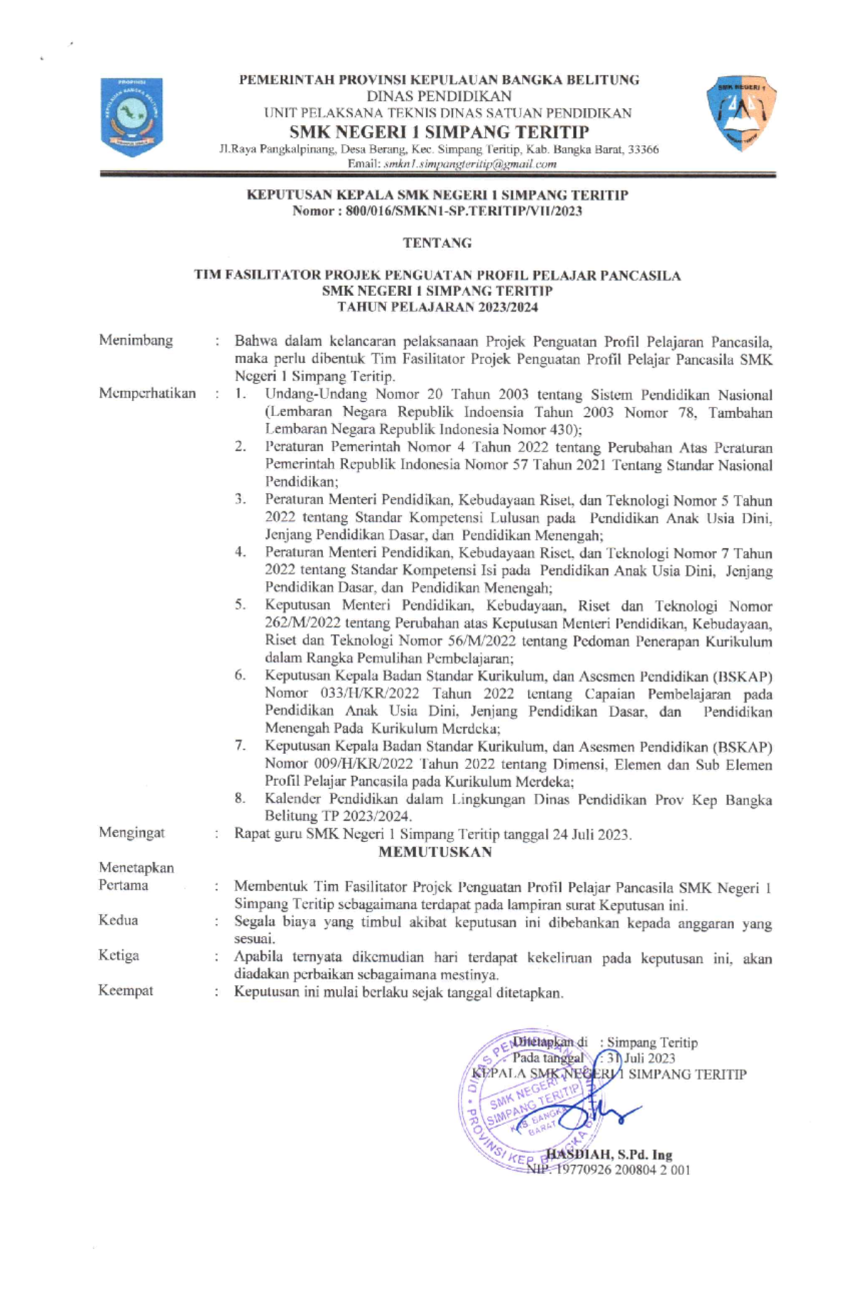 SK TIM P5 Tahun Pelajaran 2023-2024: Rencana Pembelajaran dan Kegiatan ...