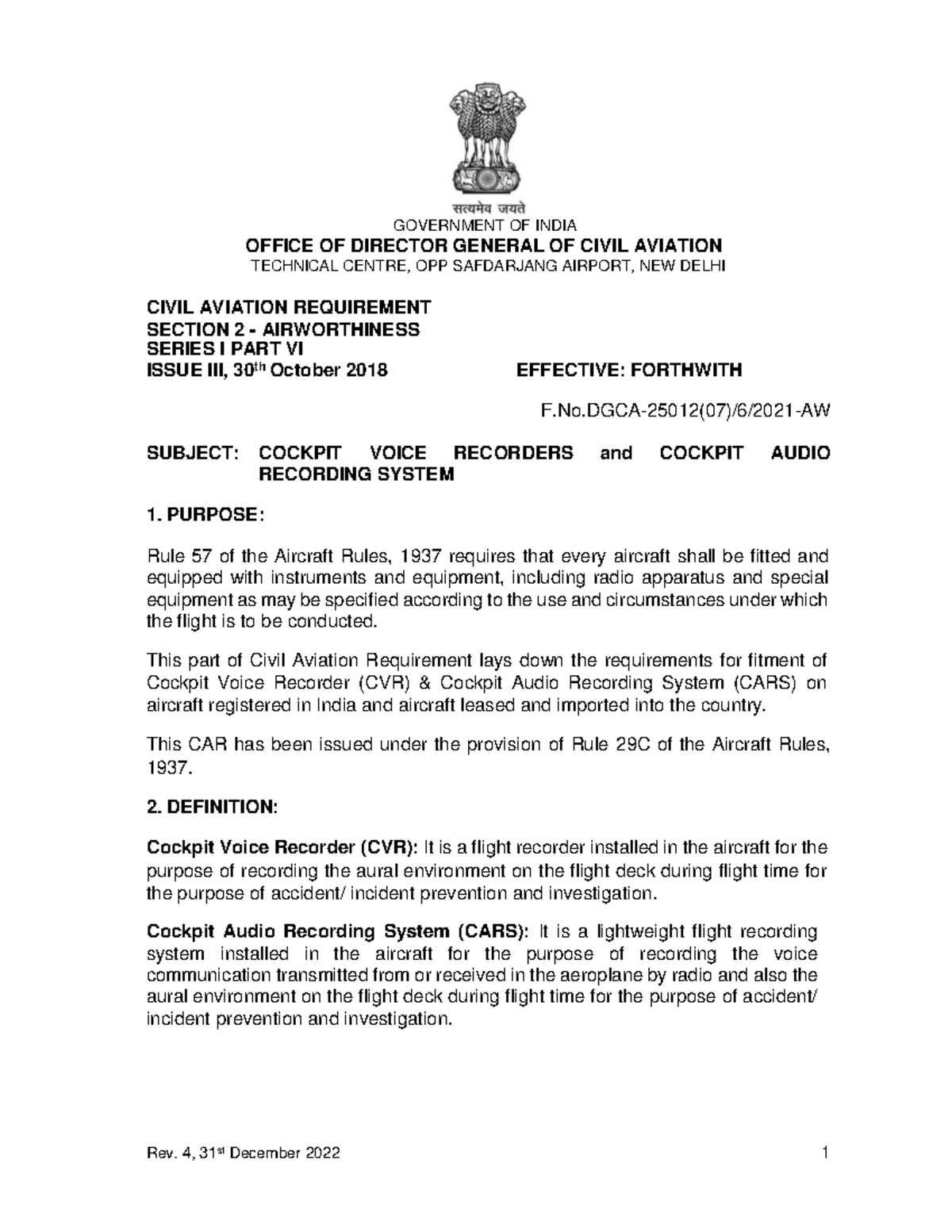 Civil Aviation Requirement: Cockpit Voice Recorders & Audio Systems ...