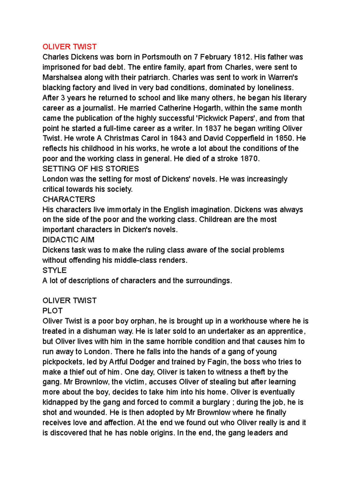 OLIVER TWIST: A Study of Dickens' Themes and Characters - Studocu
