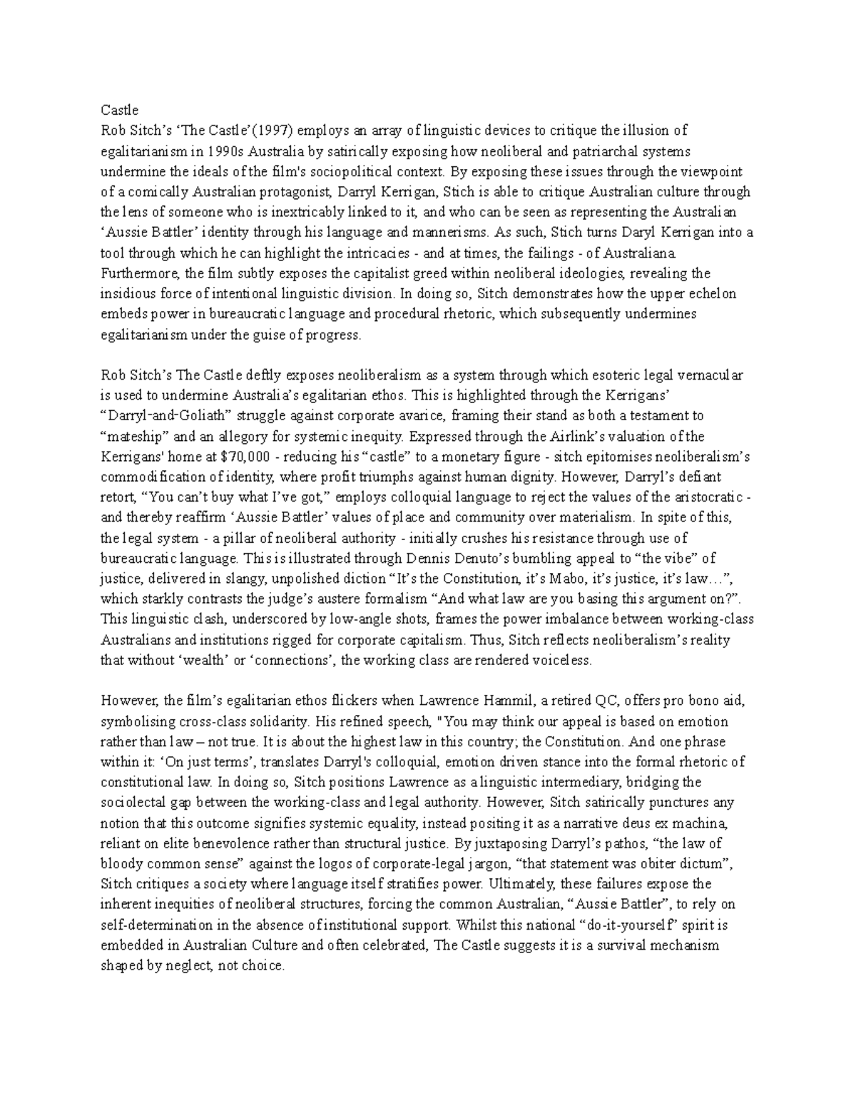 Module A - The Castle: A Satirical Critique of Neoliberalism in ...