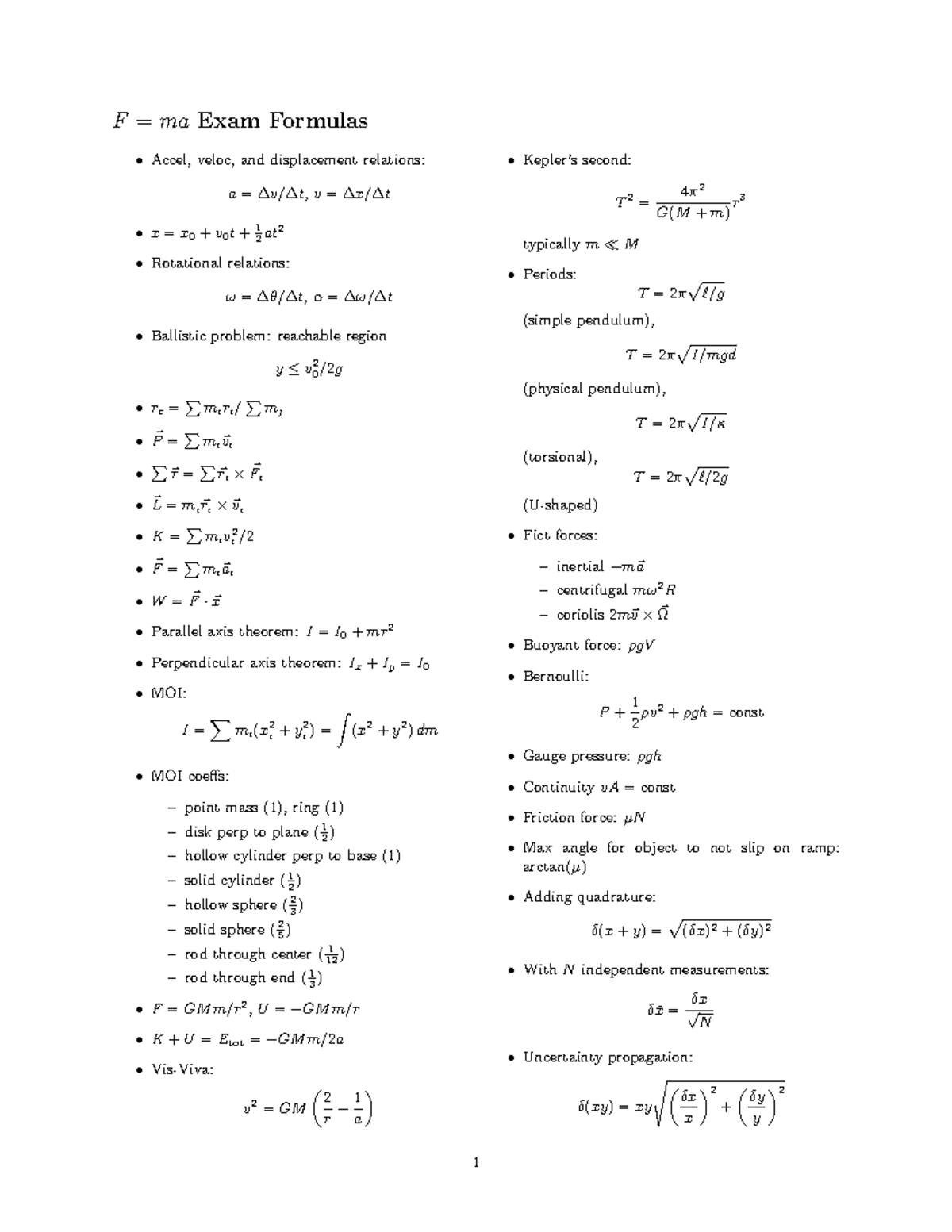 F ma formula sheet - F=ma - F = ma Exam Formulas Accel, veloc, and ...