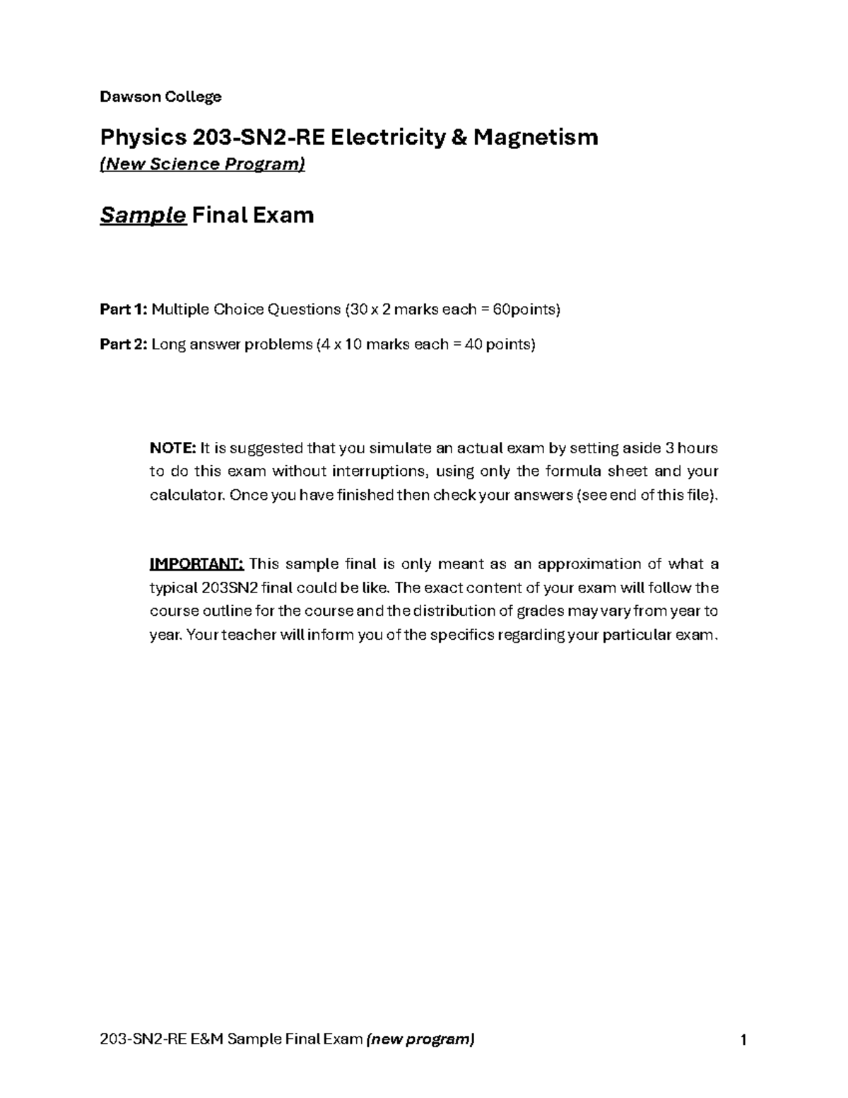 Sample Final Exam 203SN2: Electricity & Magnetism (Part 1 & 2) - Studocu