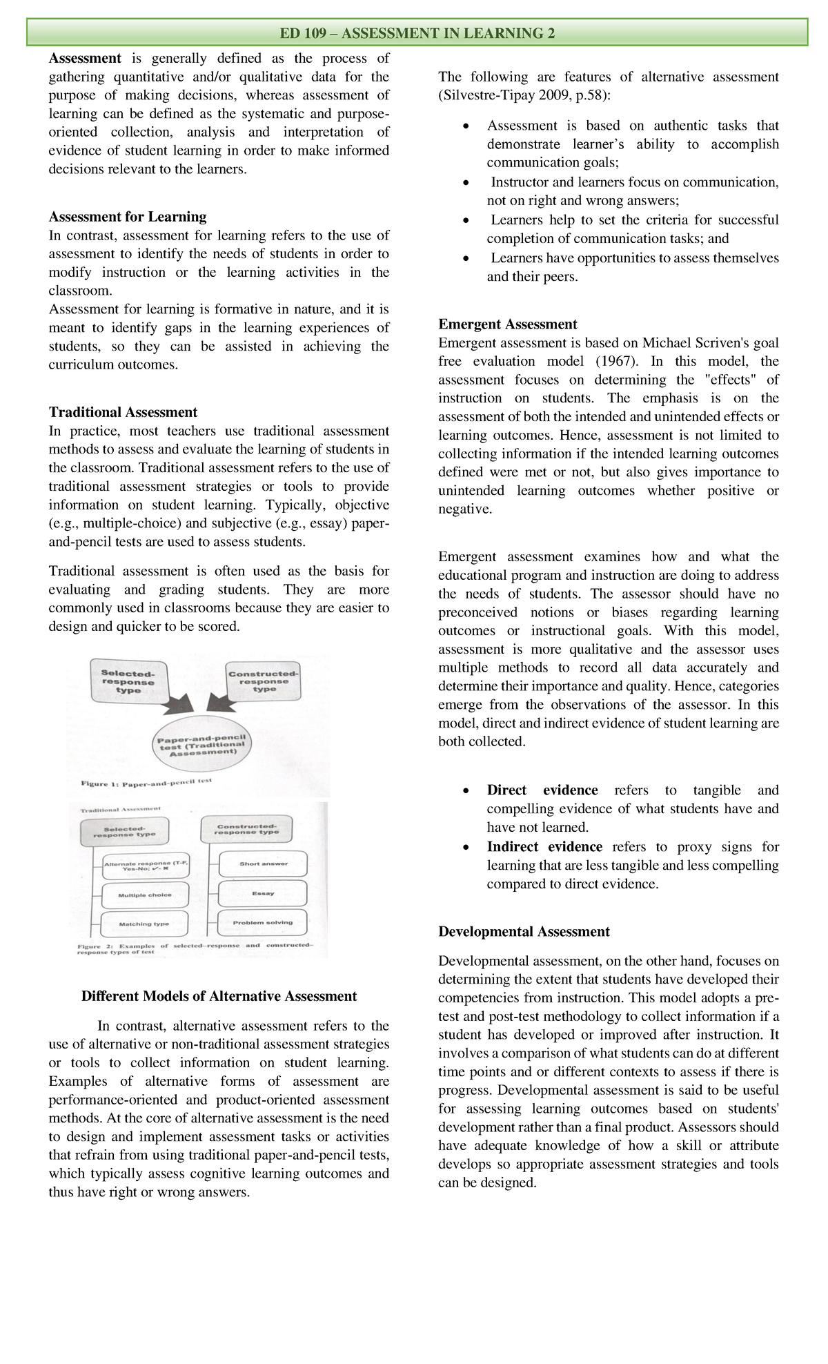 ED 109 - Assessment of Learning: Concepts, Models, and Principles - Studocu