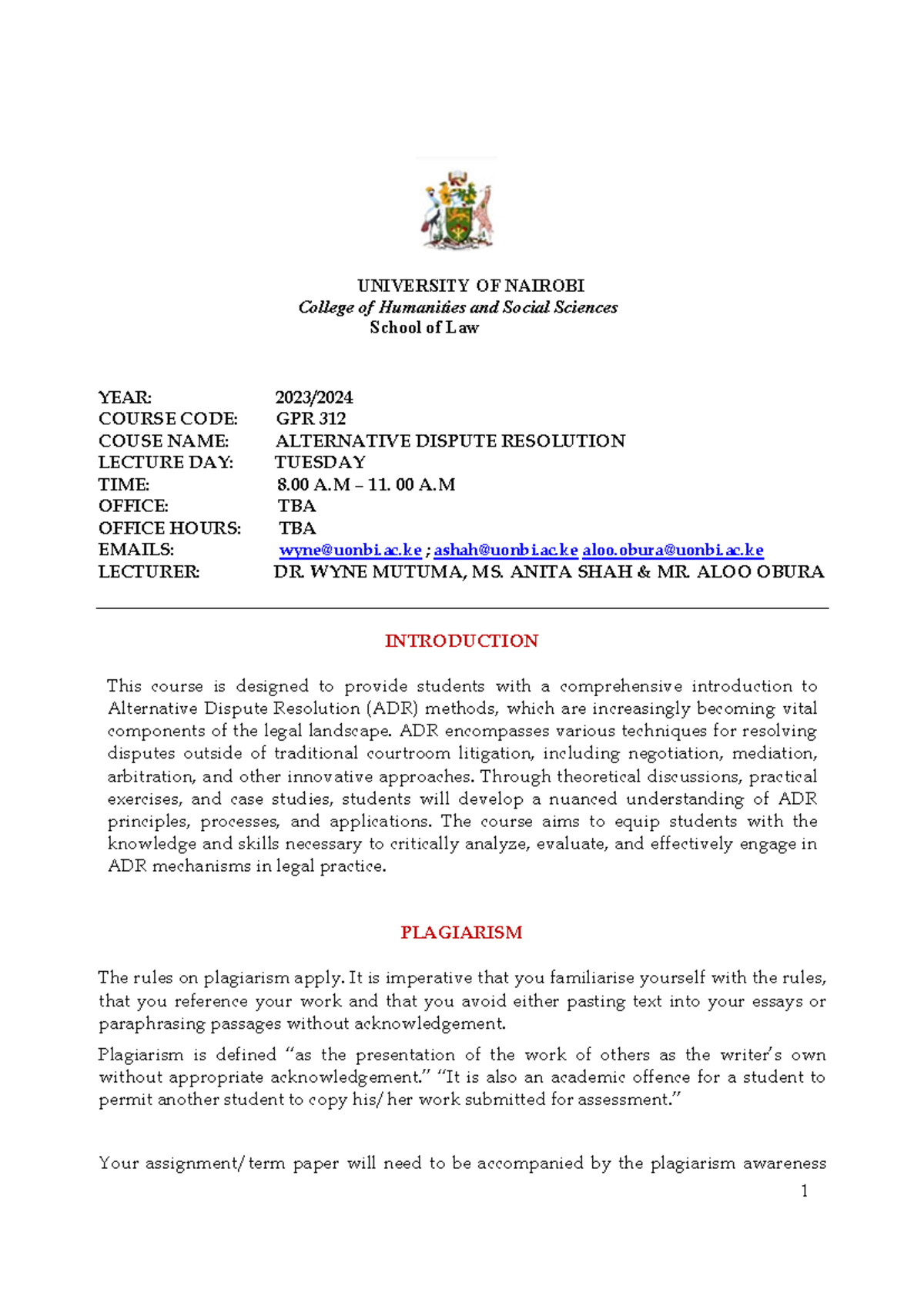 GPR 312 Alternative Dispute Resolution Course Outline 2024 - Studocu