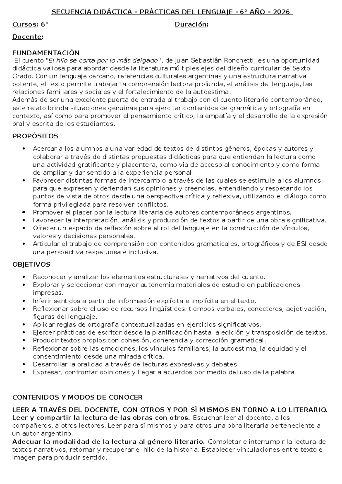 PDL - Secuencia Didáctica: Análisis del Cuento "El Hilo se Corta por lo ...