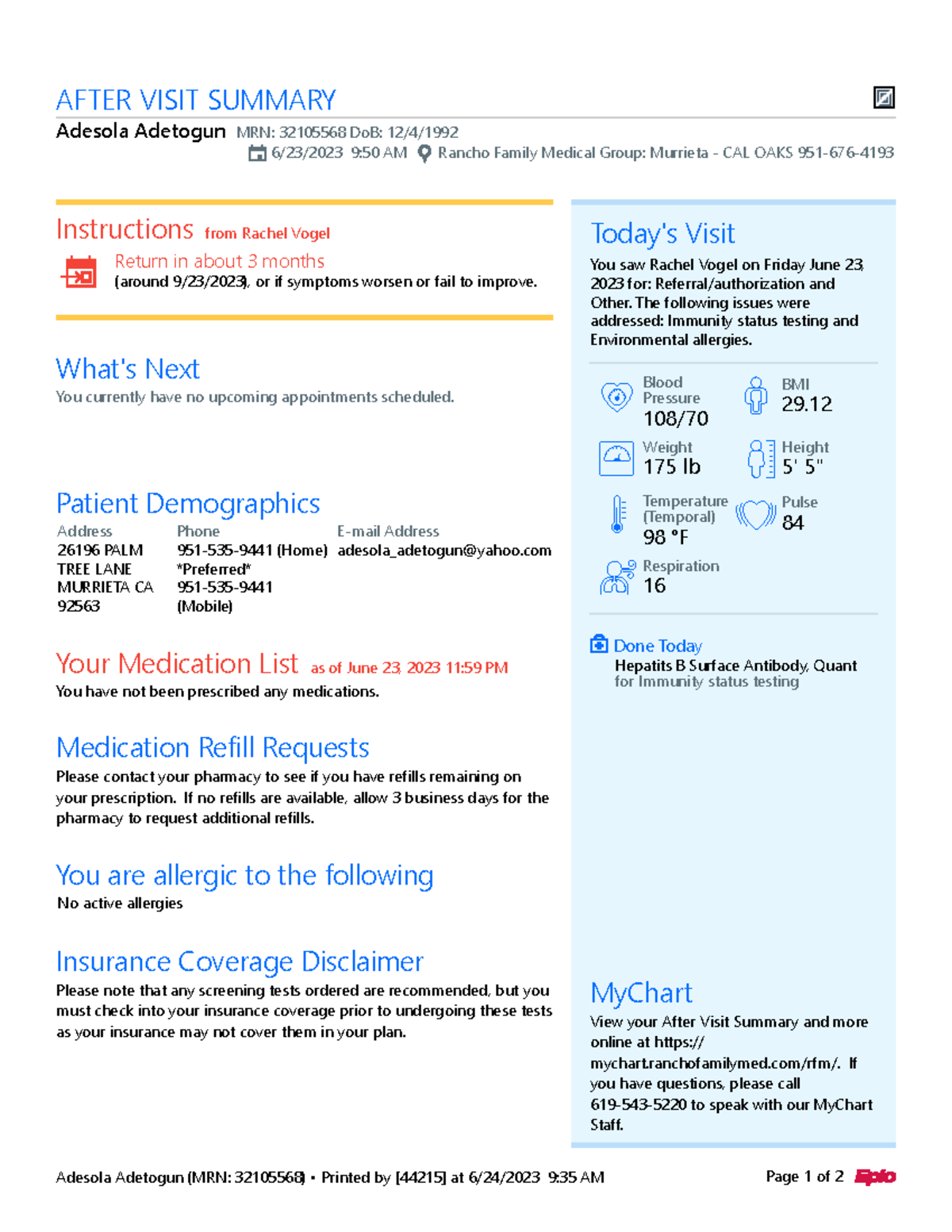After Visit Summary - N/A - Adesola Adetogun MRN: 32105568 DoB: 12/4/ 6/23/2023 9:50 AM Rancho ...
