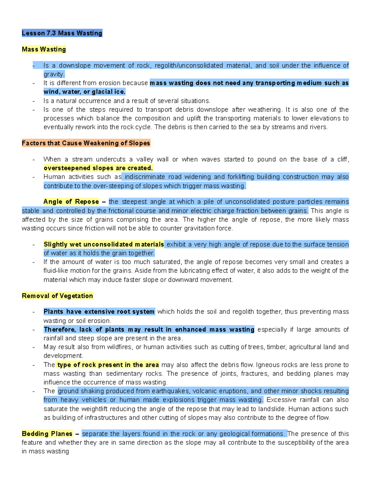 Q2 Earth Science Notes - Lesson 7 Mass Wasting Mass Wasting - Is a ...