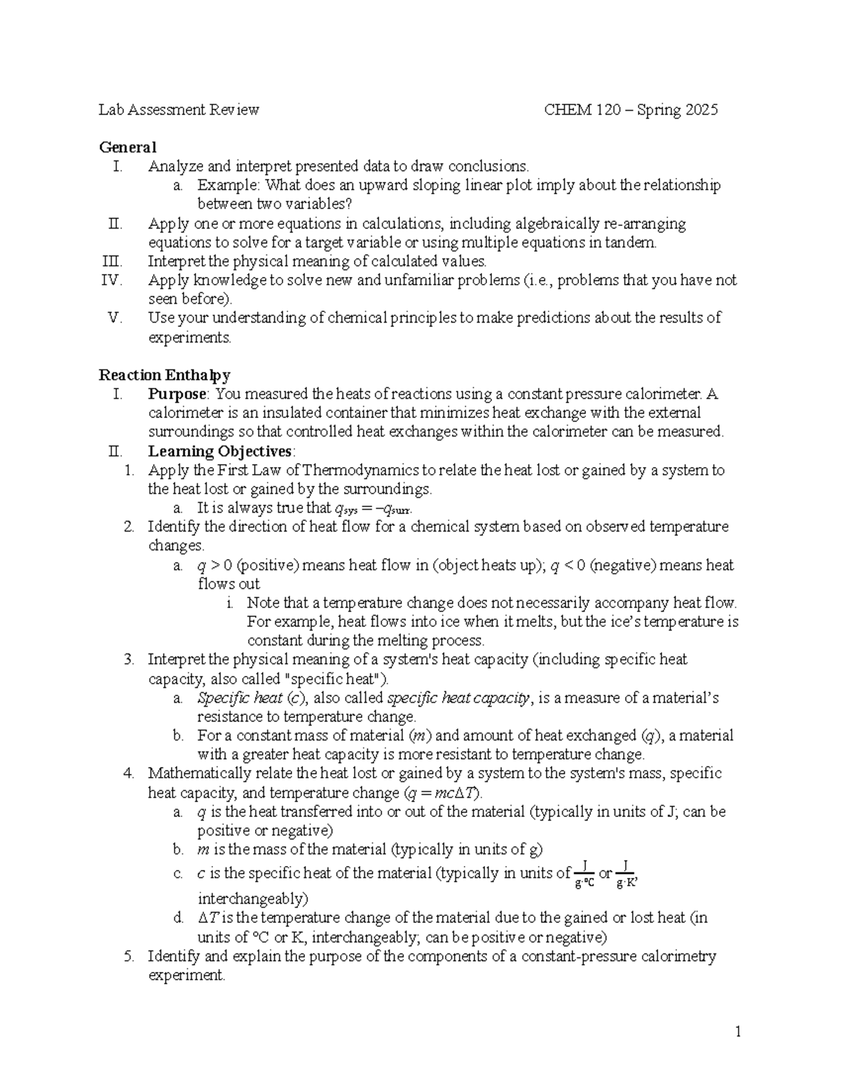 CHEM 120 Lab Assessment Review: Key Concepts & Objectives (Spr 2025 ...