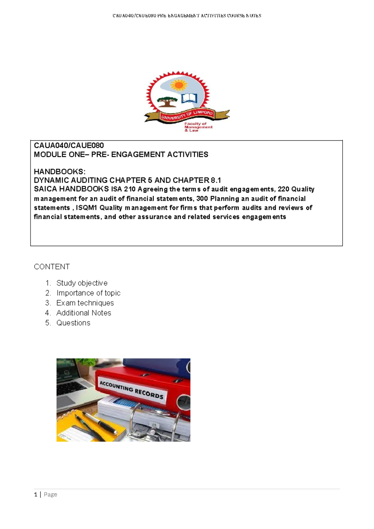 ENGAGEMENT ACTIVITIES COURSE NOTES: AUDIT PROCESS MODULE 1 - Studocu