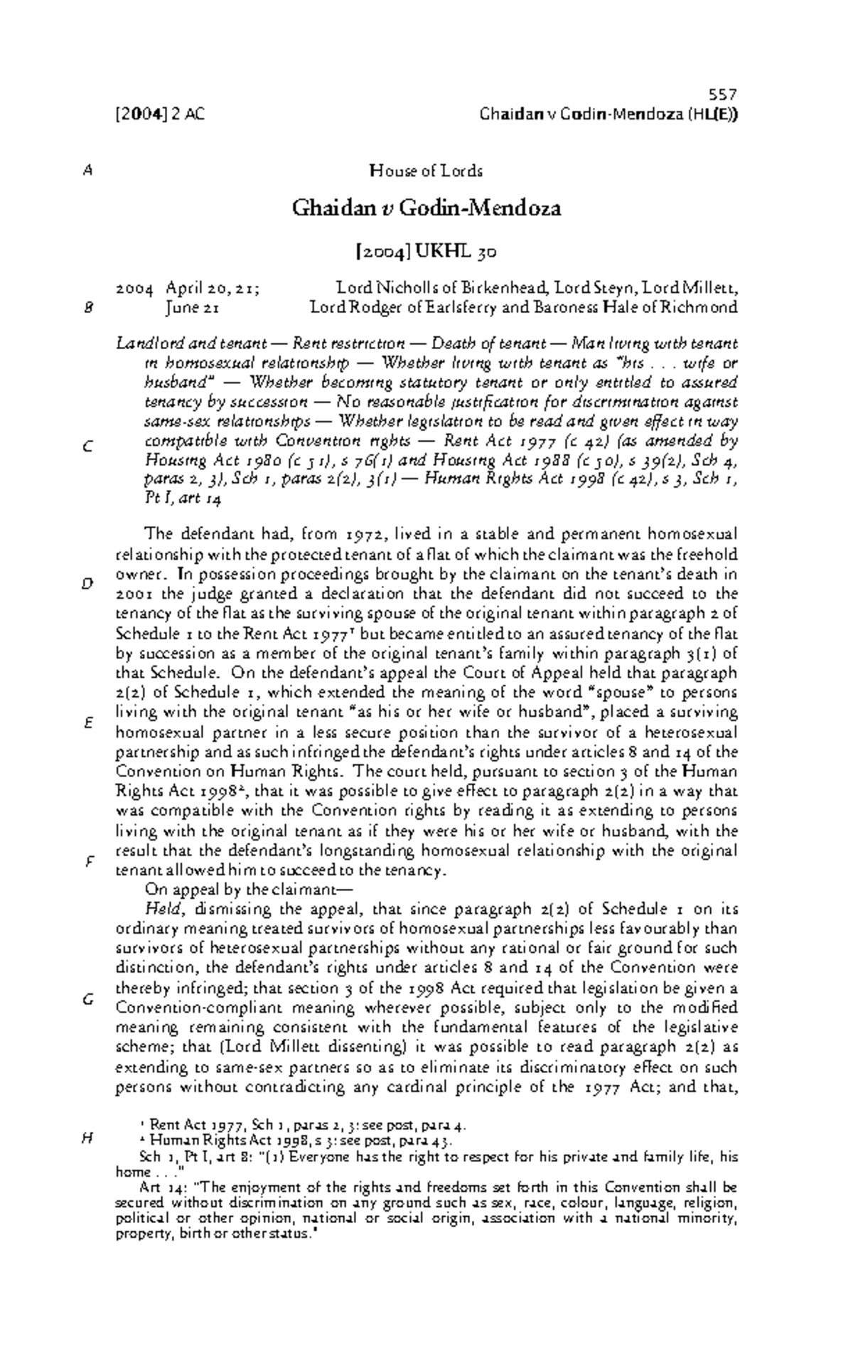 Ghaidan v Godin-Mendoza (2004) - Landmark House of Lords Ruling - Studocu