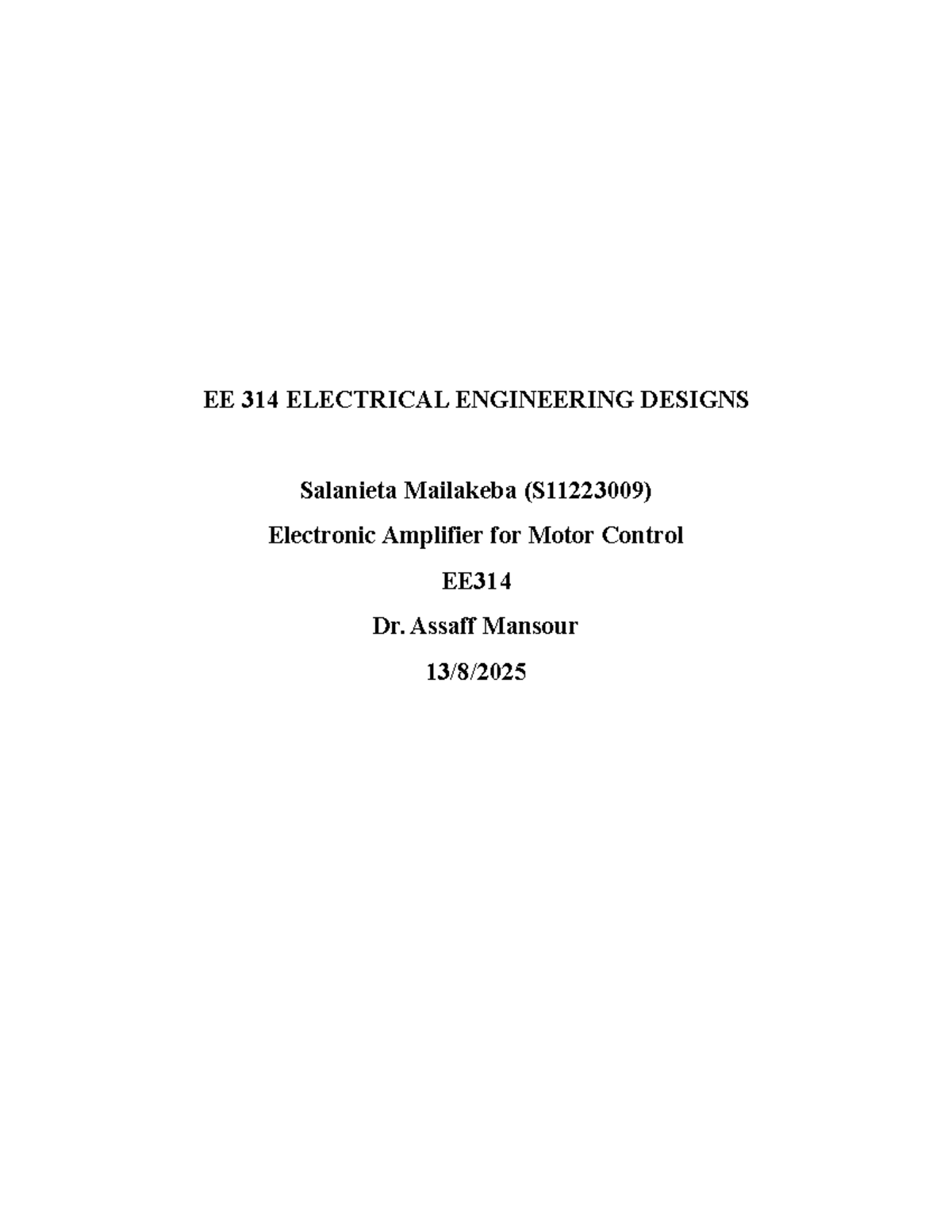 EE 314 Final Exam: Electronic Amplifier for Motor Control Analysis - Studocu