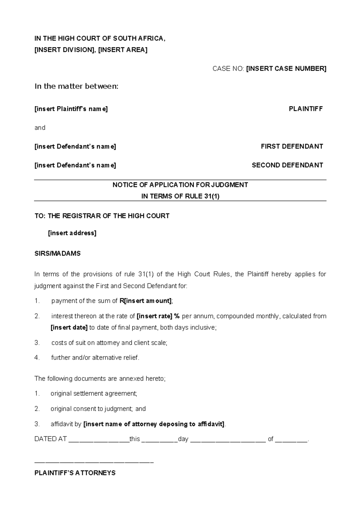 Request for Default Judgment per Rule 31 - High Court Application - Studocu