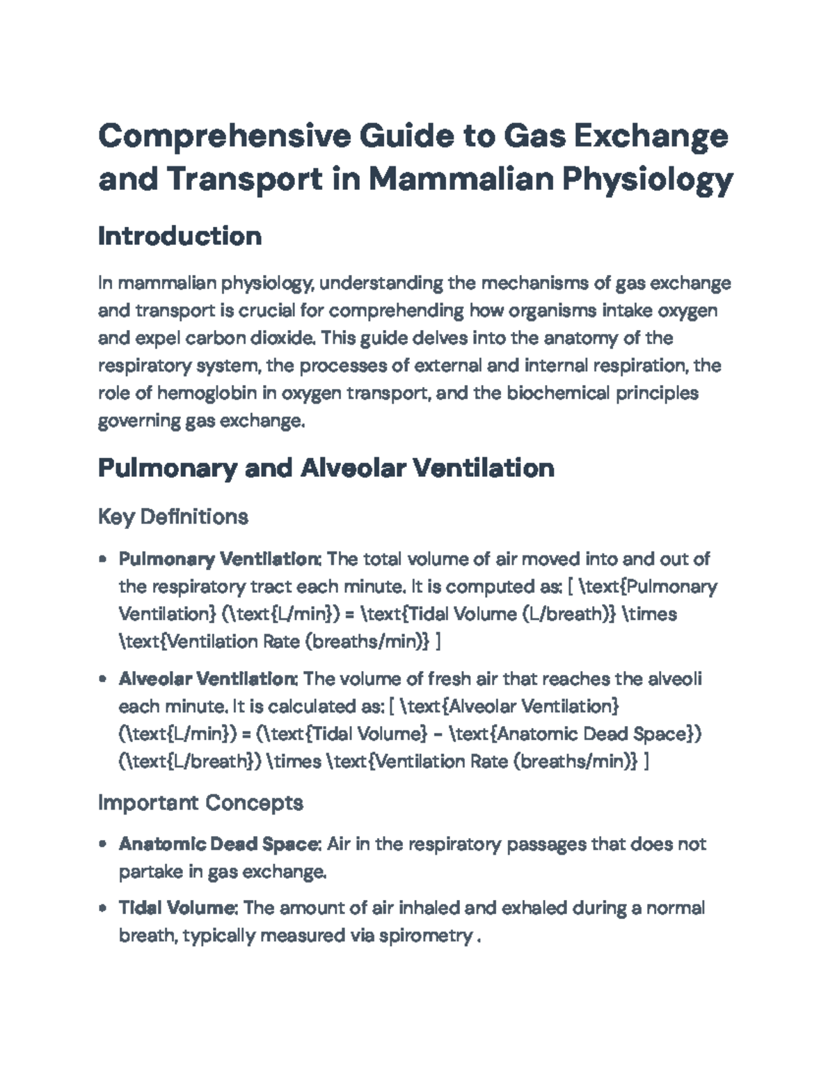 Comprehensive Guide on Gas Exchange and Transport in Mammalian ...