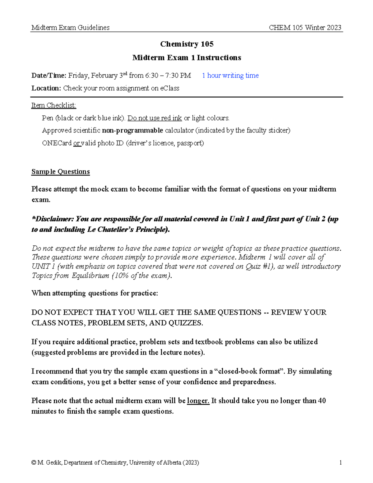 CHEM 105 Winter 2023 Sample Midterm Exam #1 Guidelines - Studocu