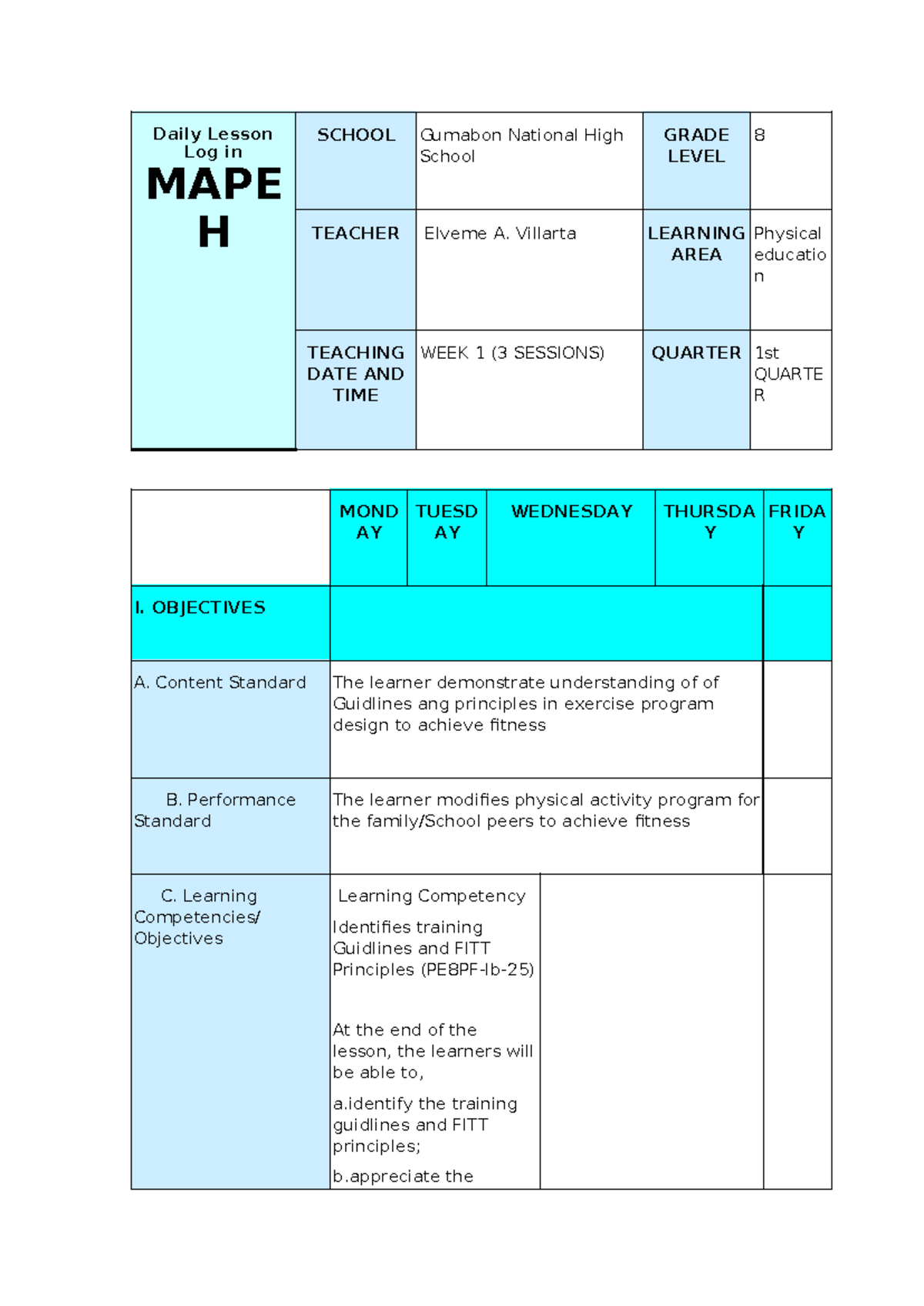 Daily Lesson Log (DLL) for MAPE H - Week 1: Training Guidelines & FITT ...