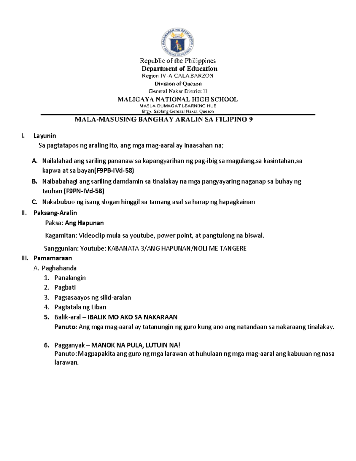 Banghay Aralin sa Filipino 9: Ang Hapunan at Pag-ibig sa Magulang - Studocu