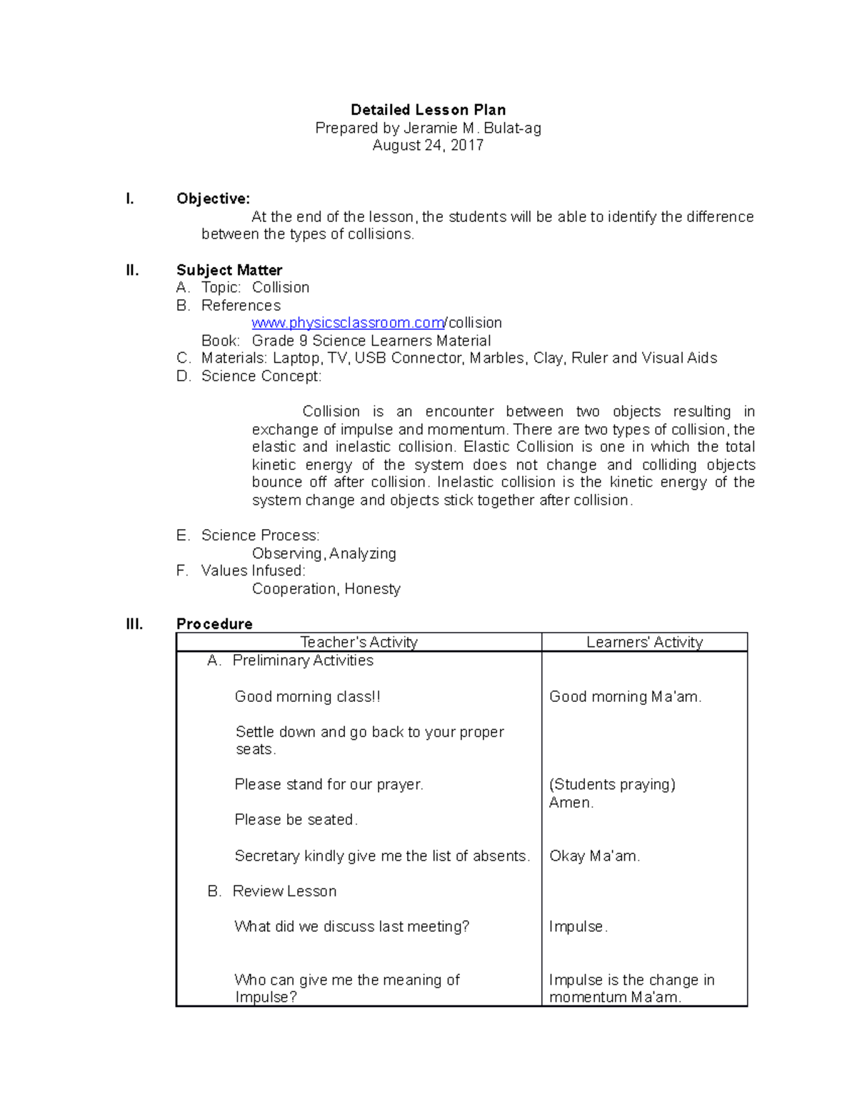 Collision Types - Detailed Lesson Plan for Grade 9 Physics - Studocu
