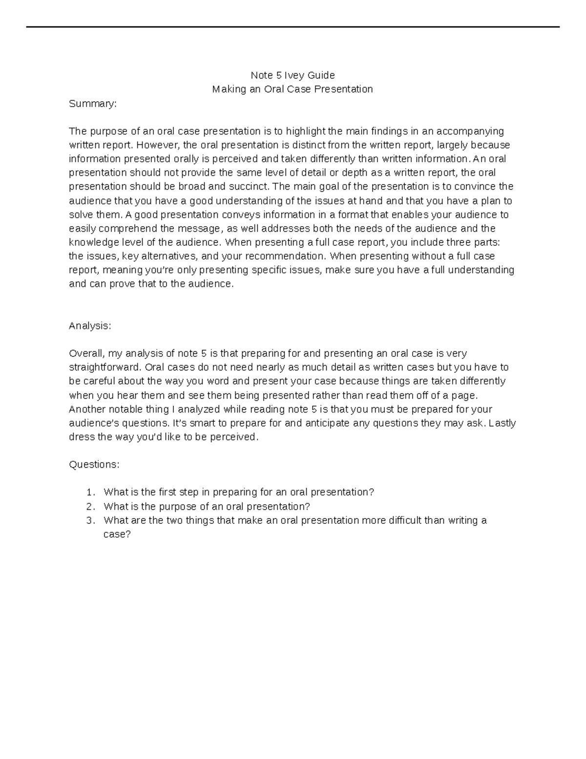 Buad301 Note 5: Ivey Guide to Oral Case Presentations - Studocu
