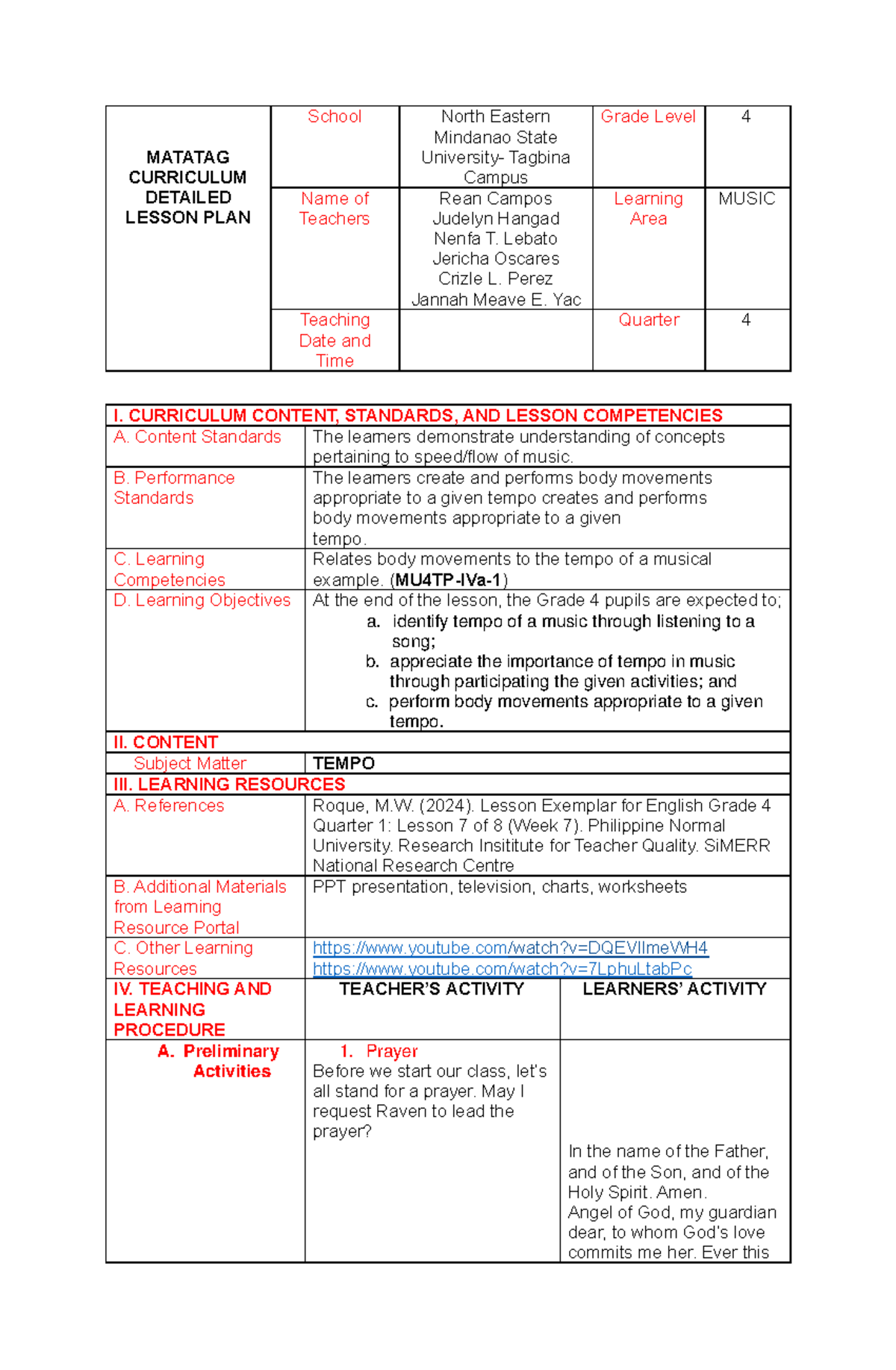 Music Grade 4 - Lesson Plan on Tempo and Movement Activities - Studocu
