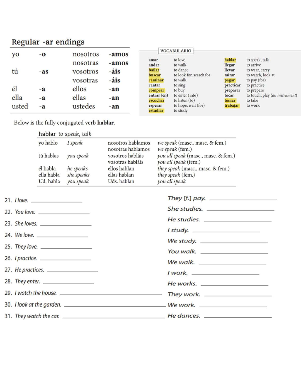 Ejercicio 4 - Regular Endings Vocabulary Practice (SPAN 101) - Studocu