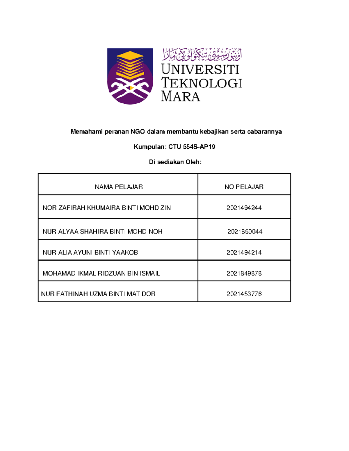 Assignment CTU 554S-AP - Peranan dan Cabaran NGO di Malaysia - Studocu