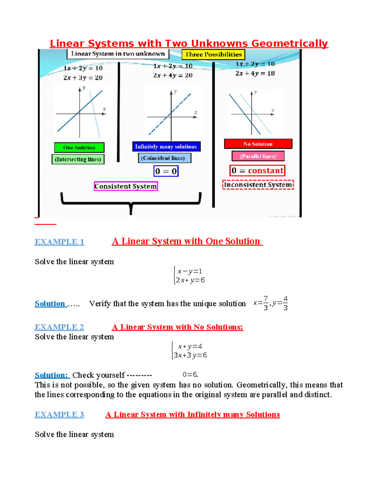 Types of Solutions for Linear Systems - LA Week 2 Notes - Studocu